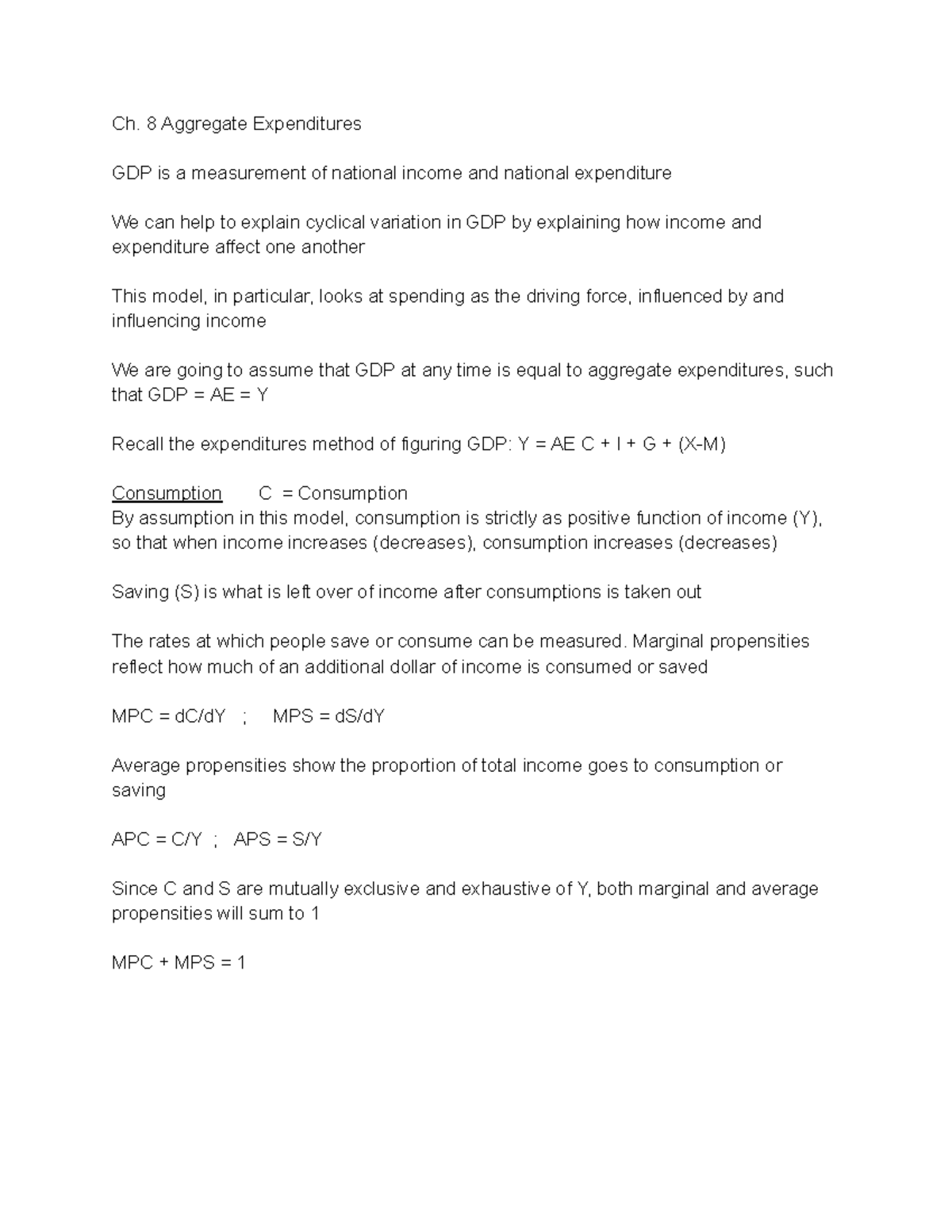 Ch. 8 Aggregate Expenditures and GDP Analysis in Economics - Studocu