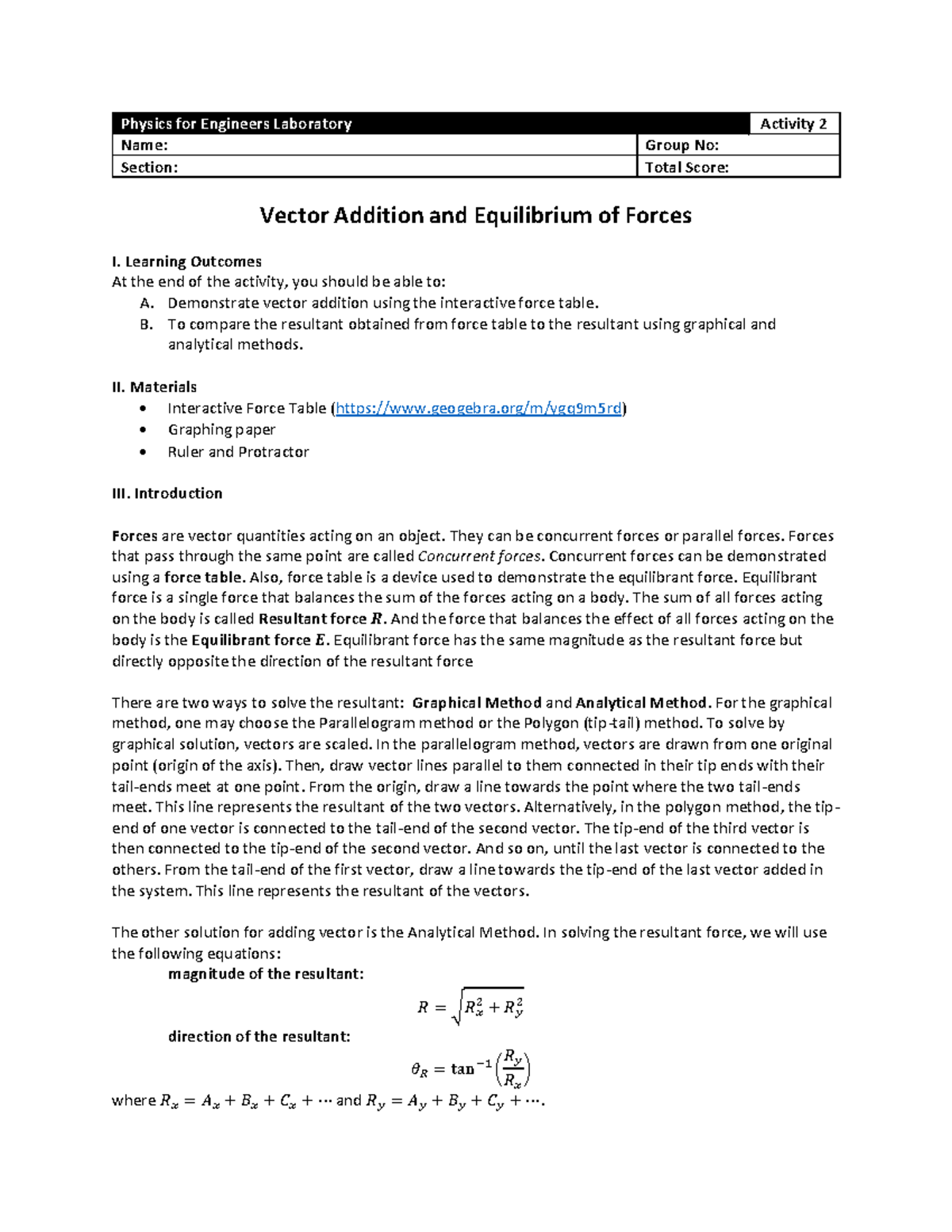 A2 Vector Addition and Equilibrium of Forces - Physics for Engineers Laboratory Activity 2 Name ...