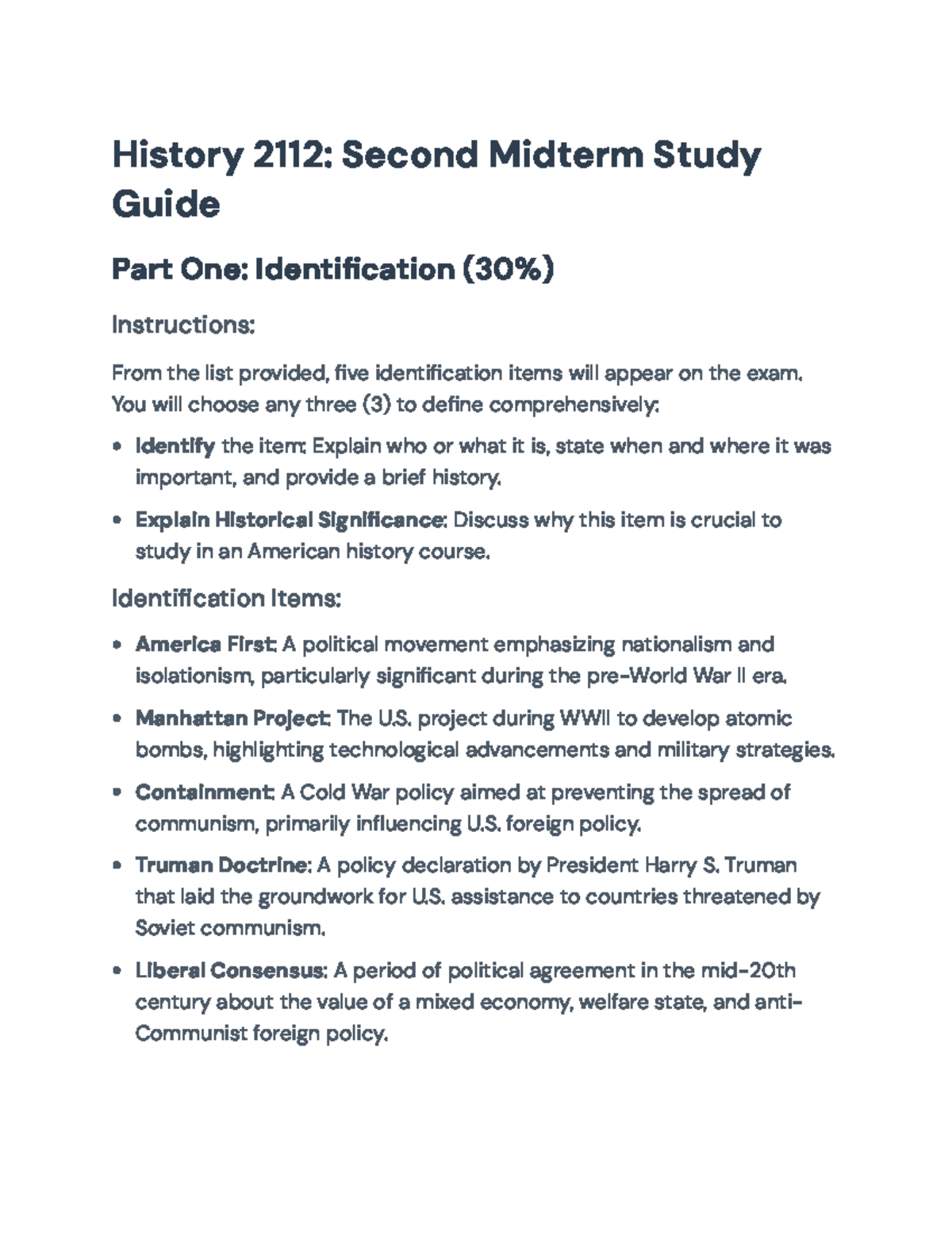 History 2112: Study Guide for Second Midterm Exam with Key Topics ...