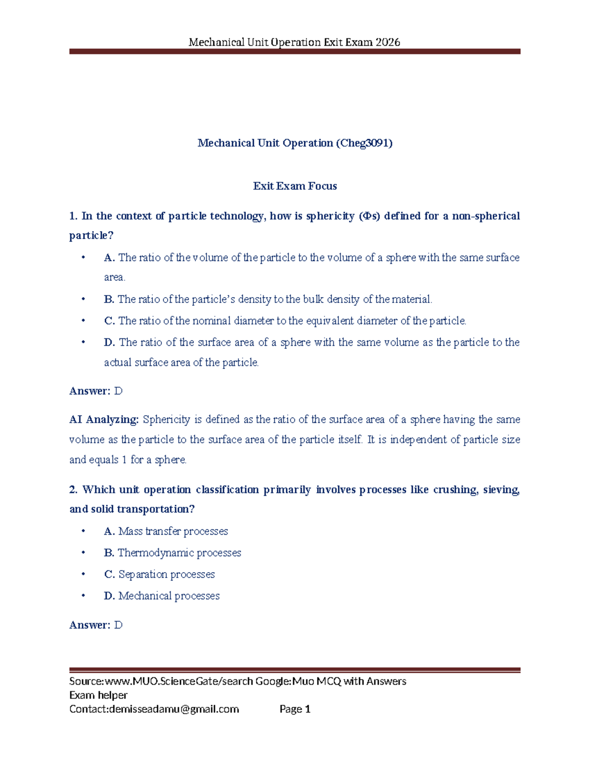 Mechanical Unit Operation (Cheg3091) Exit Exam 2026: Key Questions ...