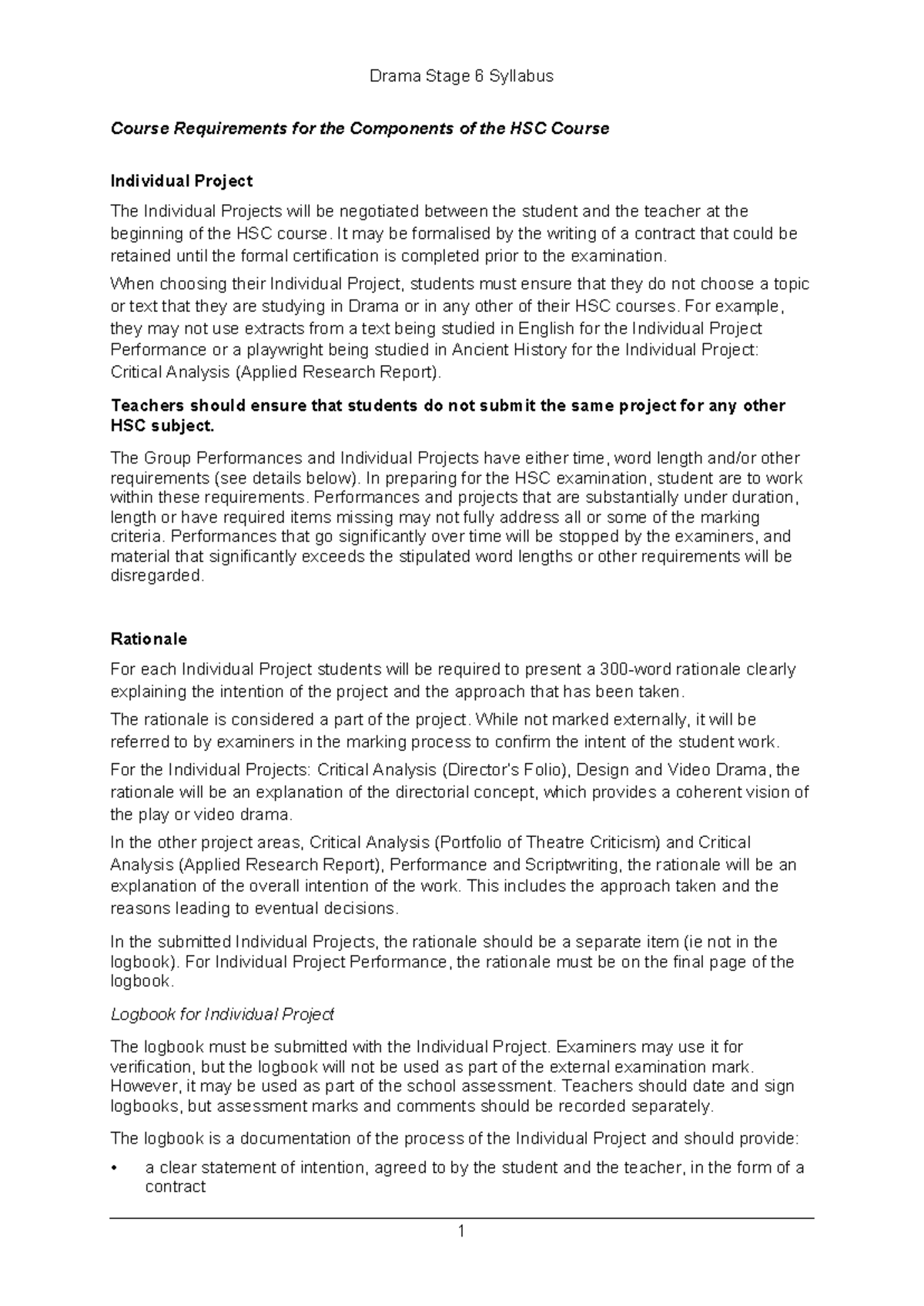 HSC Drama Stage 6 Individual Project Performance Guidelines - Studocu