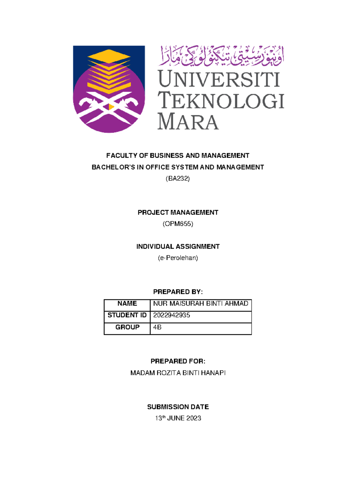 BA232 OPM655 Individual Assignment: e-Perolehan Project Management ...