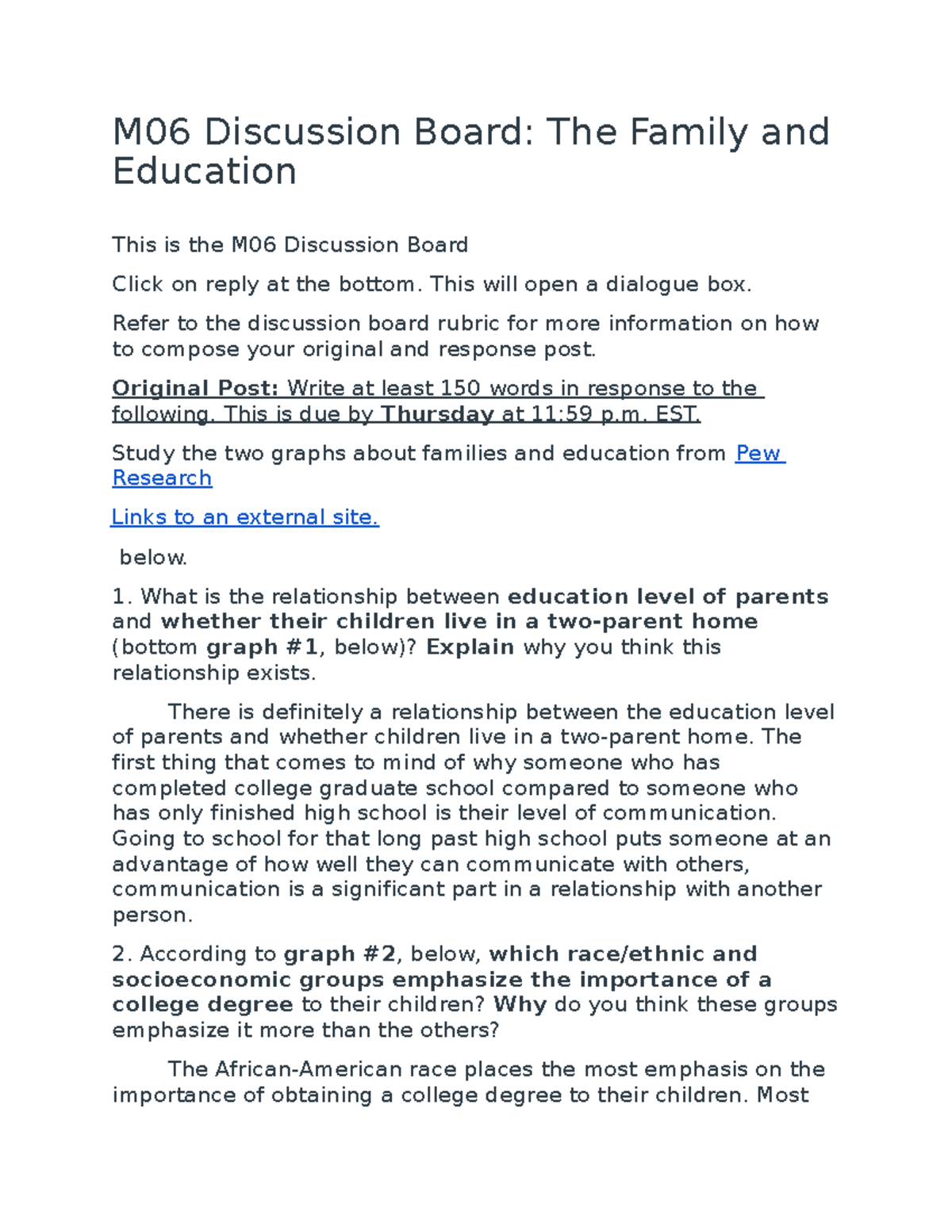 M06 Discussion Board: Family Influence on Education Insights - Studocu