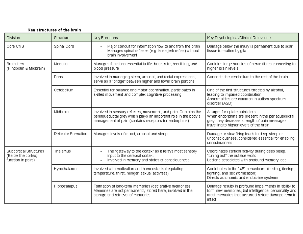 PL1101E Lecture Notes: Key Structures of the Brain and CNS Functions ...