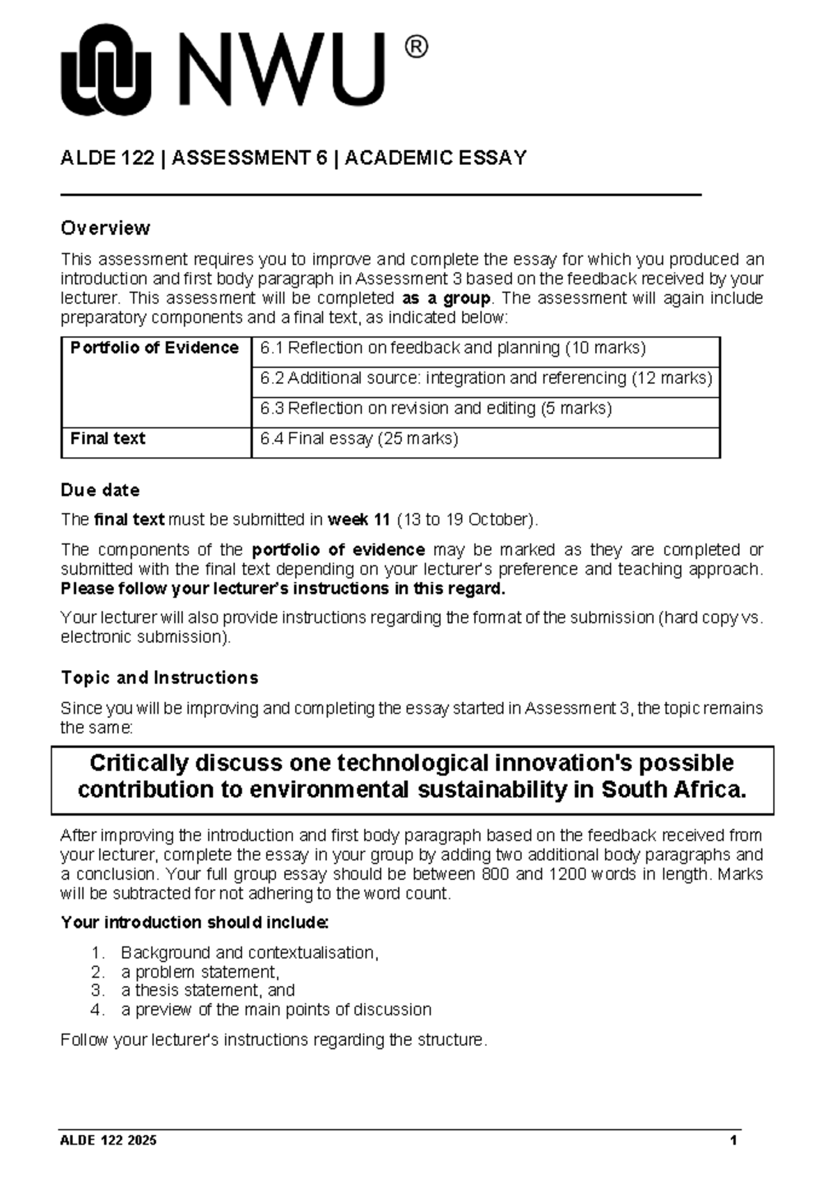 ALDE 122 Assessment 6: Group Essay on Tech & Environmental ...