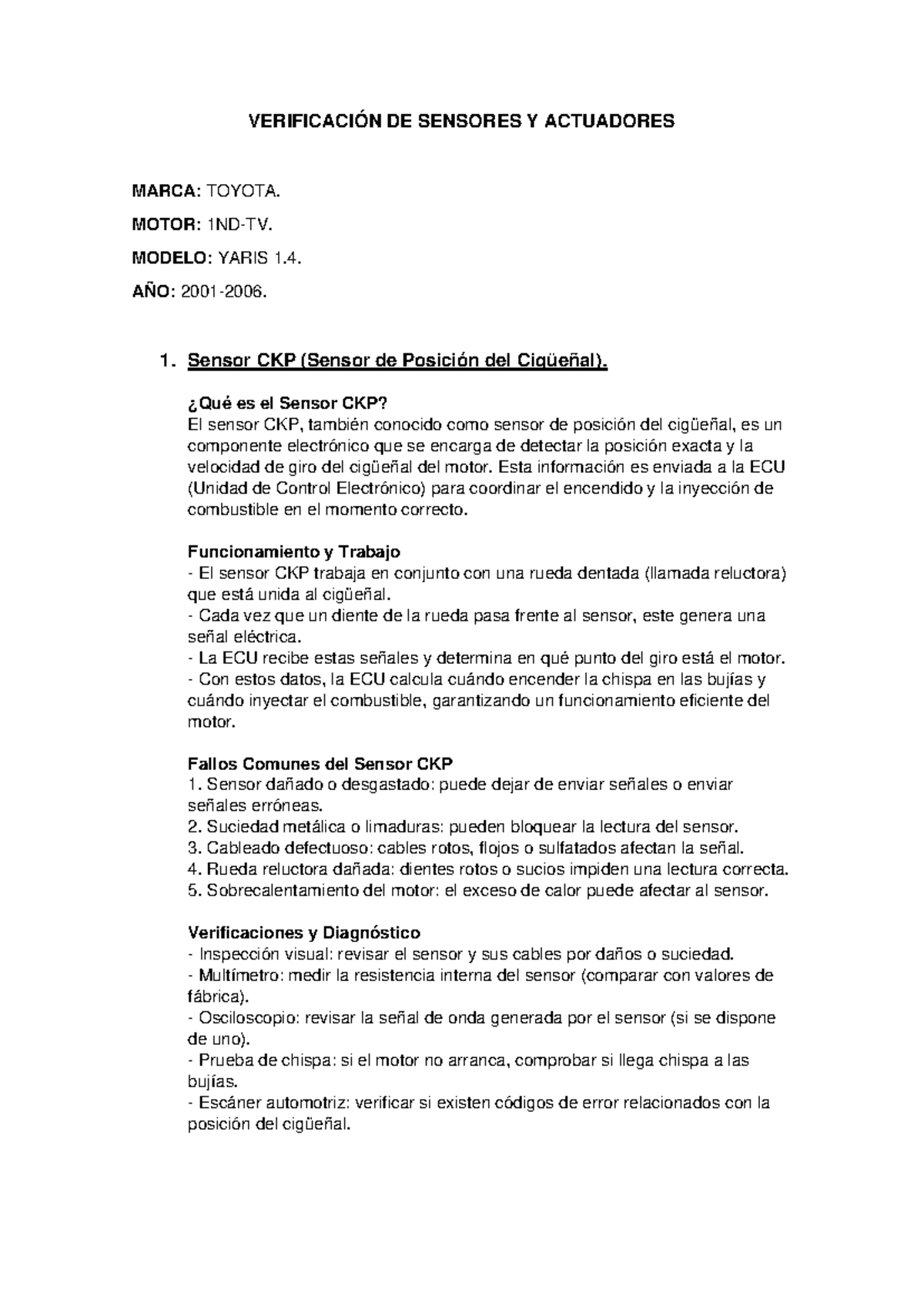 Verificación de Sensores y Actuadores - Tarea 05 (MOTOR YARIS 1.4) - Studocu