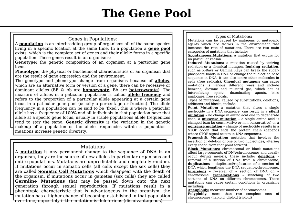 Gene Pool and Species Evolution: Mind Map Poster Analysis - Studocu