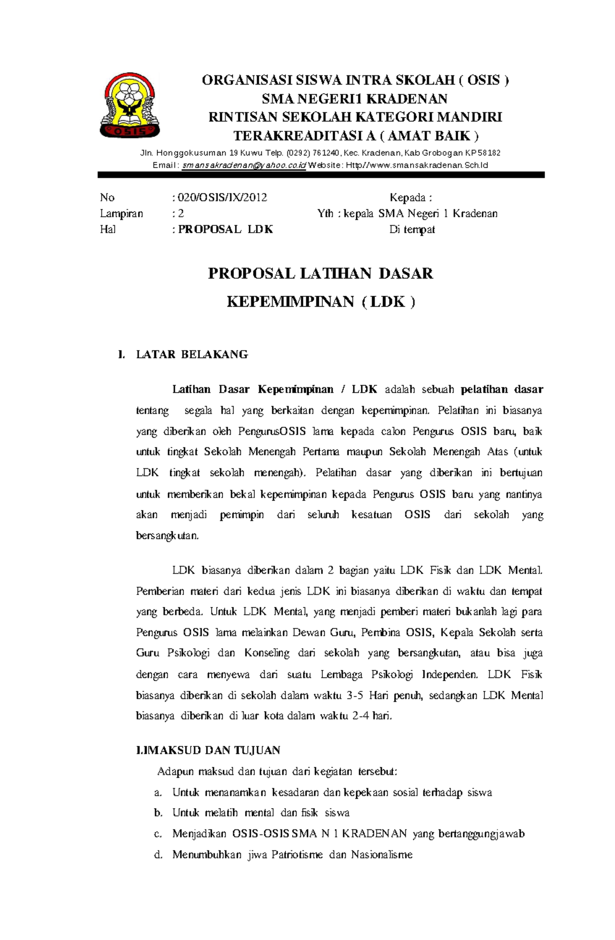 Proposal Latihan Dasar Kepemimpinan (LDK) - SMA N 1 Kradenan - Studocu