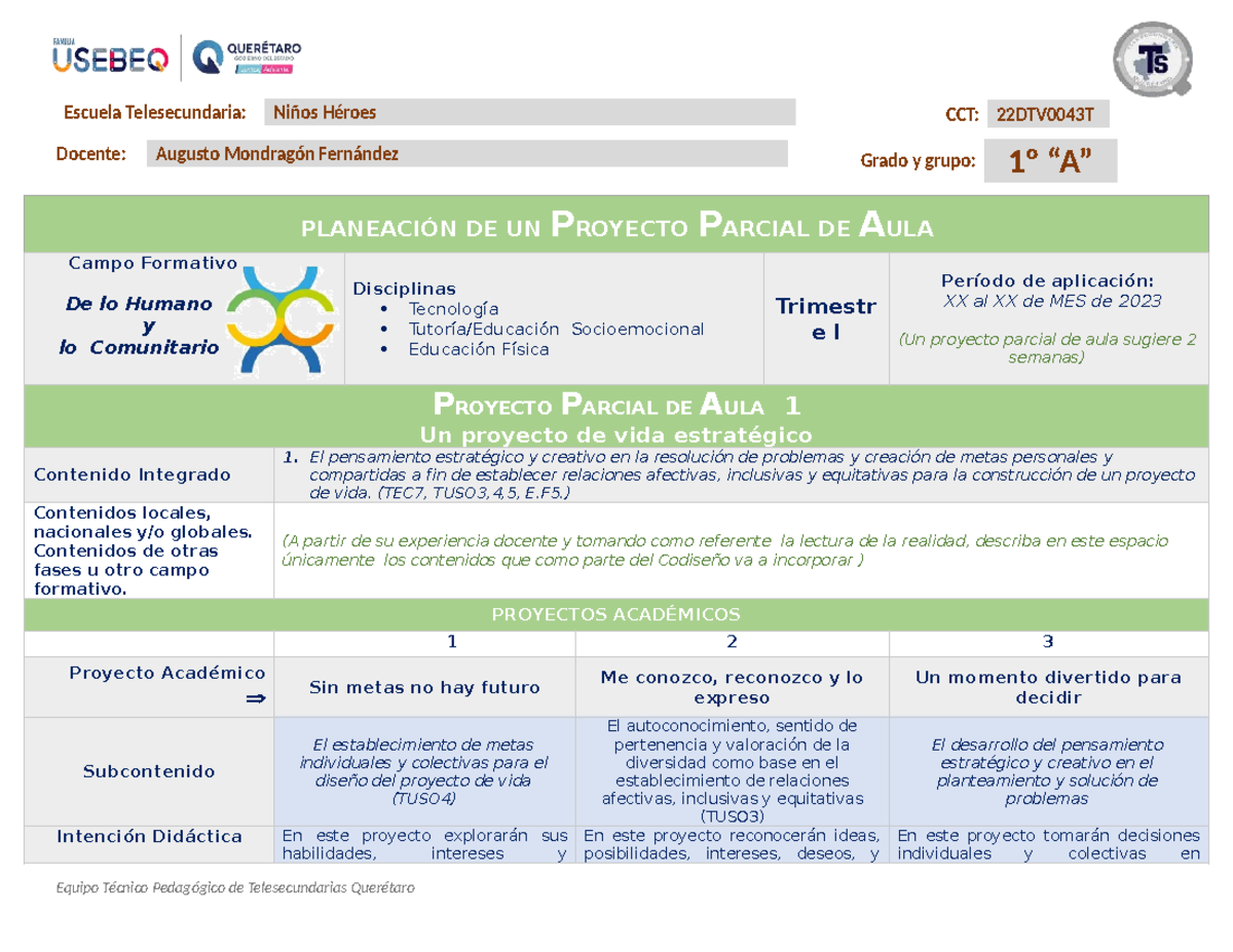 PPA 1: Planeación de Proyecto Parcial de Aula - Niños Héroes 22DTV0043T - Studocu