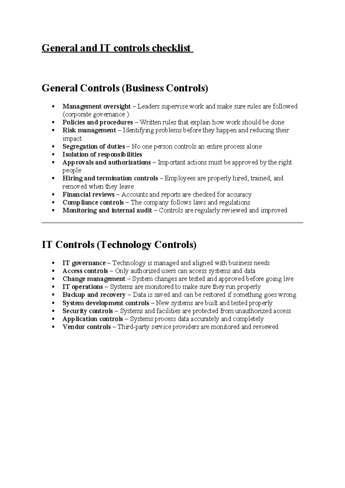 General and IT Controls Checklist: Best Practices for Compliance - Studocu