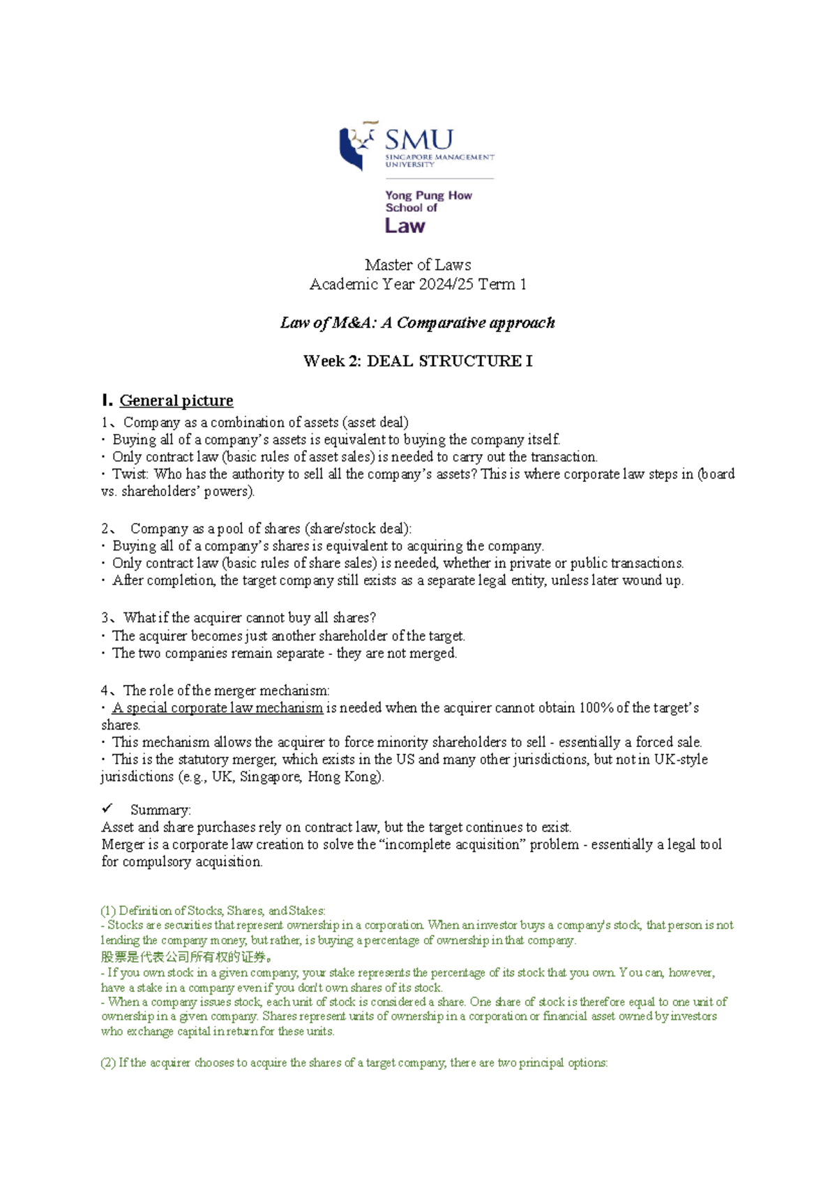 MA 1L Week 2: Deal Structure in Asset and Share Acquisitions - Studocu
