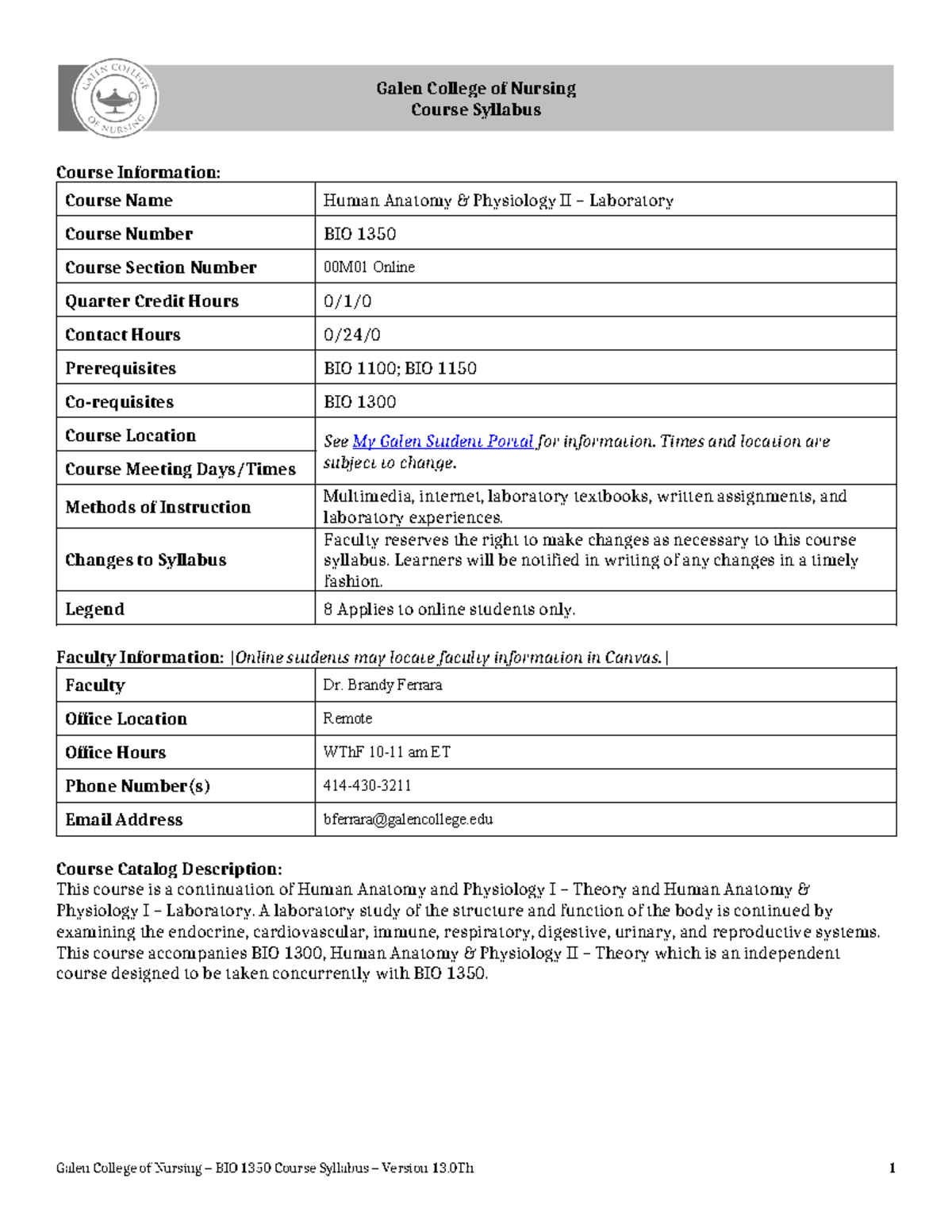 BIO 1350 Syllabus - Human Anatomy & Physiology II Lab Overview - Studocu
