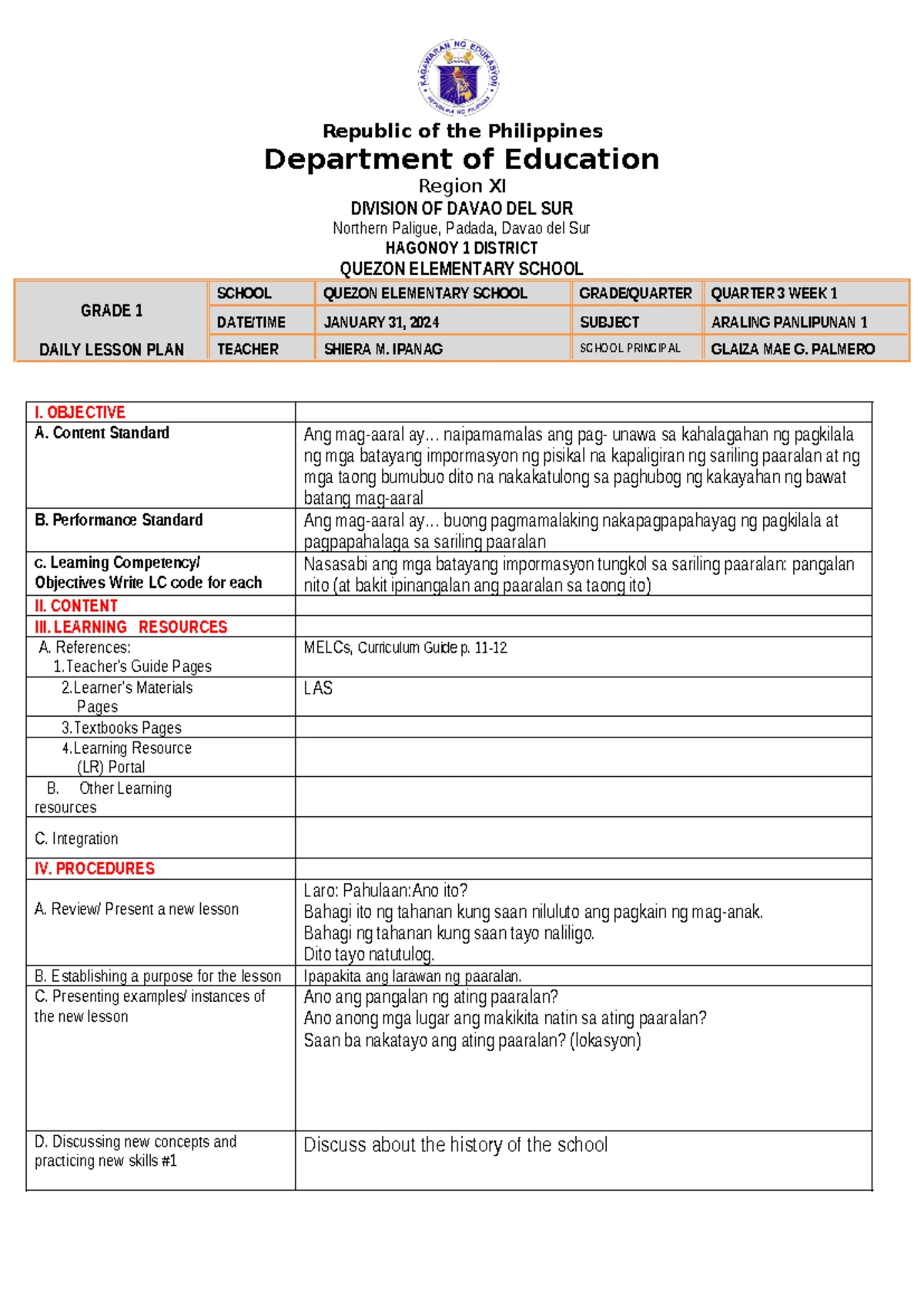 DLP ESP 1 Q3 W1 - Sample Lesson Plan for Grade 1 Students - Studocu