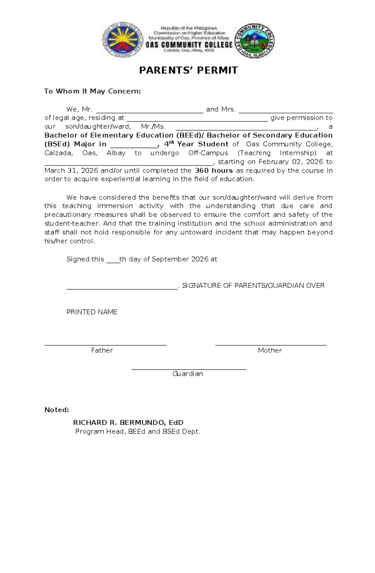 Permission Letter for Teaching Internship - BSEd 4th Year Student - Studocu