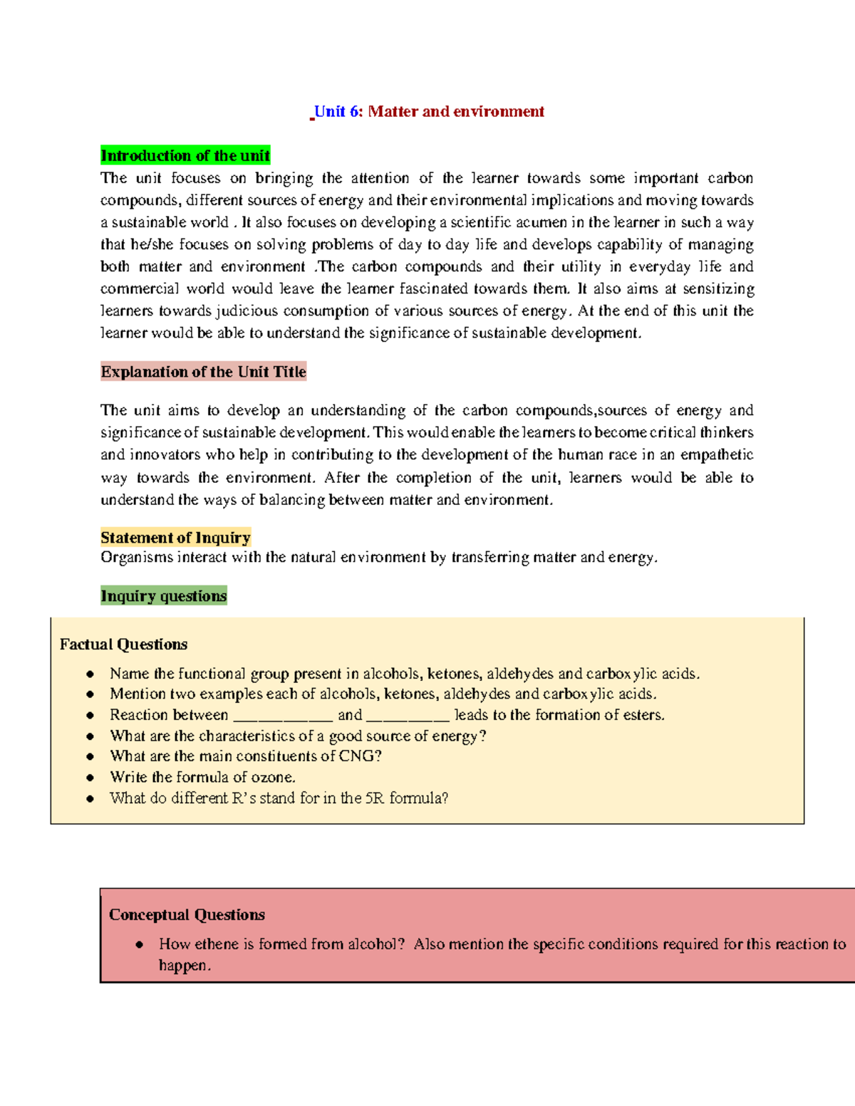 Grade 10 Science Unit 6: Matter, Energy, and Sustainability Insights ...