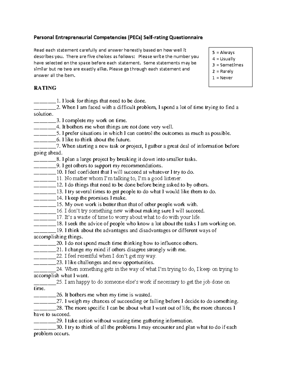 PECs Questionnaire Guide: Assessing Personal Entrepreneurial ...