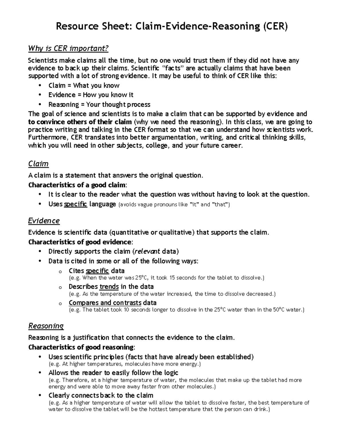CER-Resource-Sheet: Understanding Claim, Evidence, Reasoning (CER ...