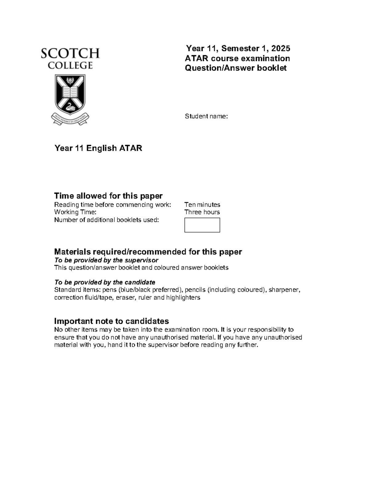 Yr 11 English ATAR Sem 1 Exam Paper 2025 - Studocu