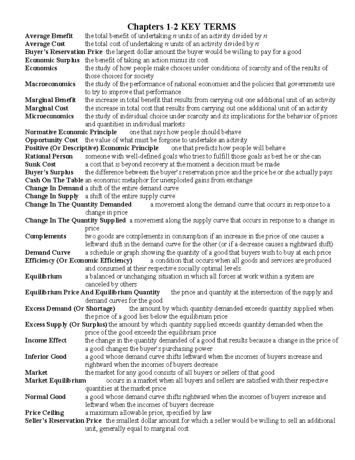 Economic Concepts & Key Terms Overview (Chapters 1-2) - Studocu