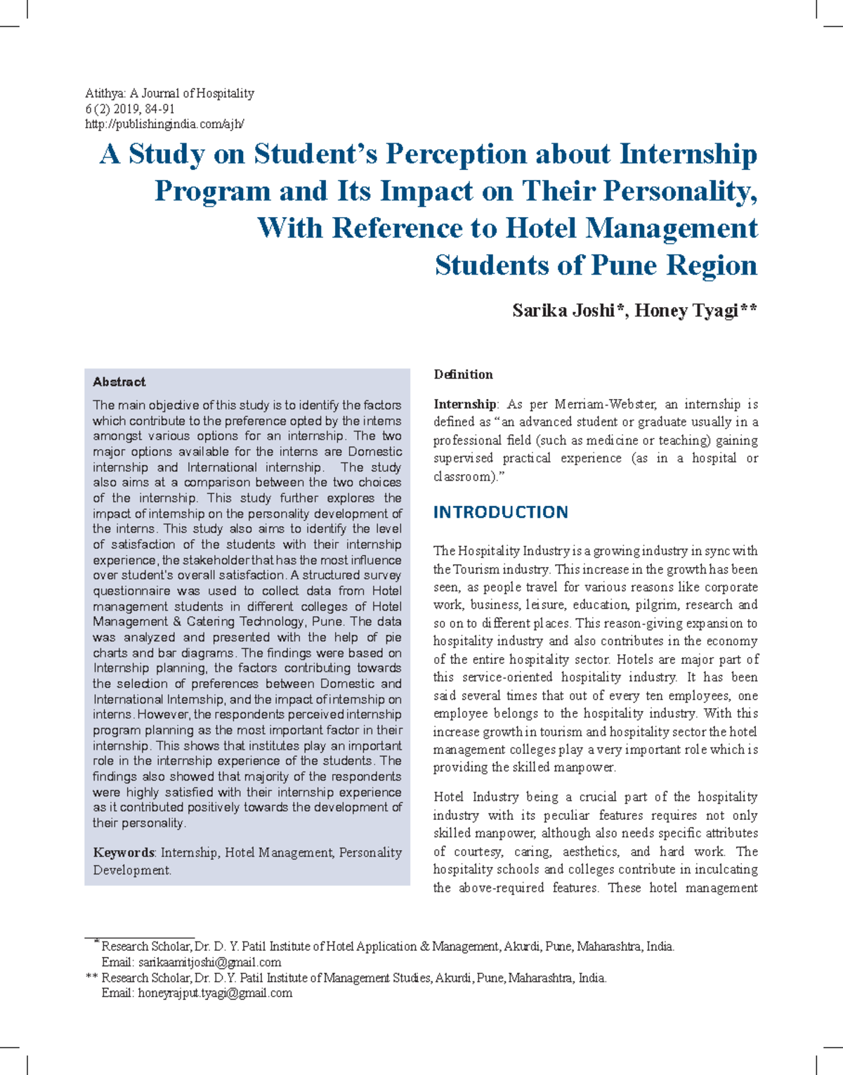 A Study on Internship Choice Factors & Personality Impact in HM 2019 ...
