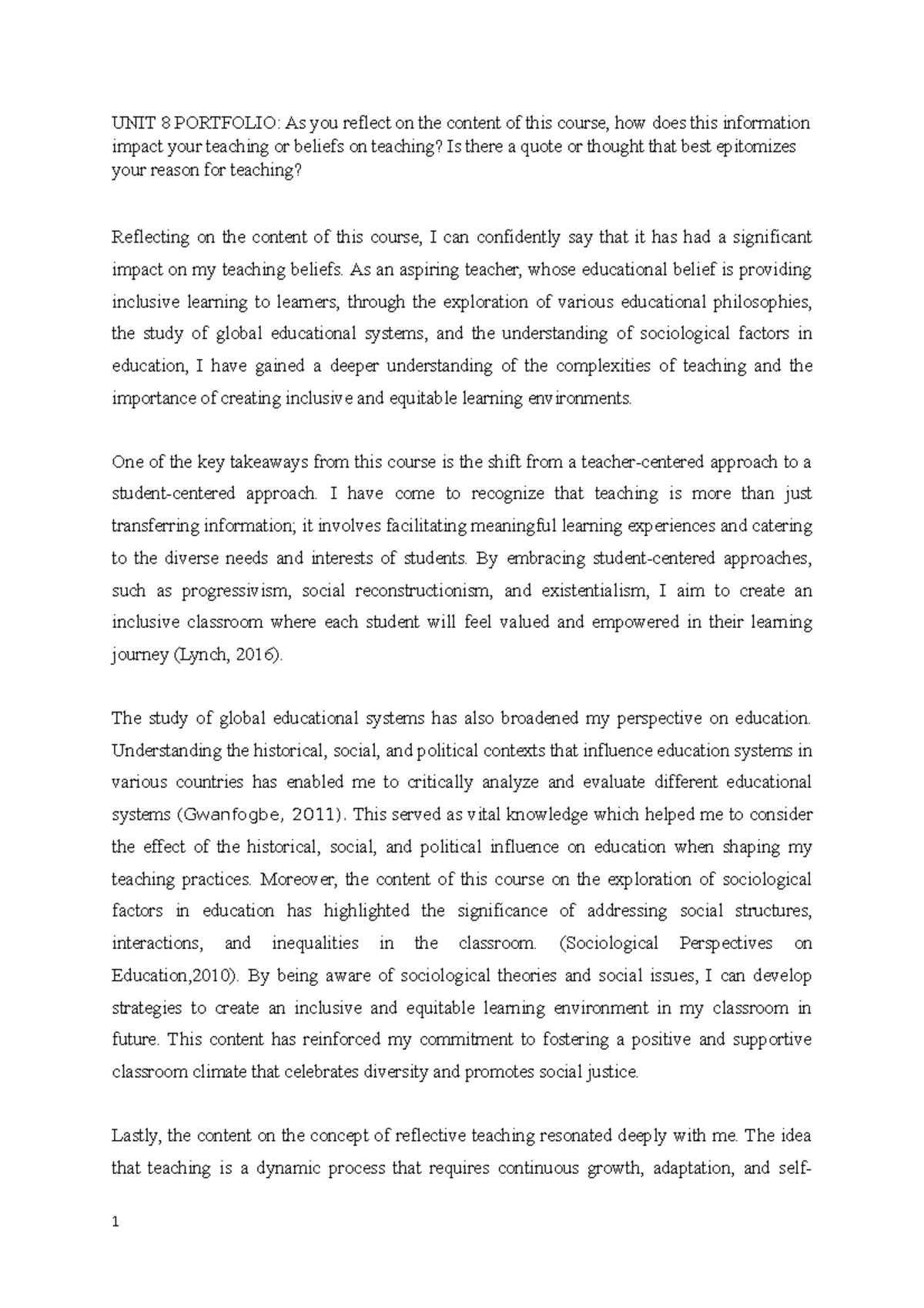 UNIT 8 Portfolio: Reflection on My Learning and Teaching Beliefs - Studocu
