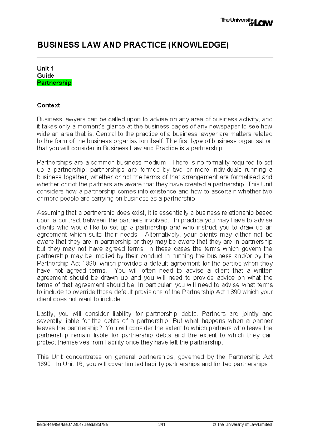 BUSINESS LAW AND PRACTICE (KNOWLEDGE) Unit 1: Partnership Overview ...