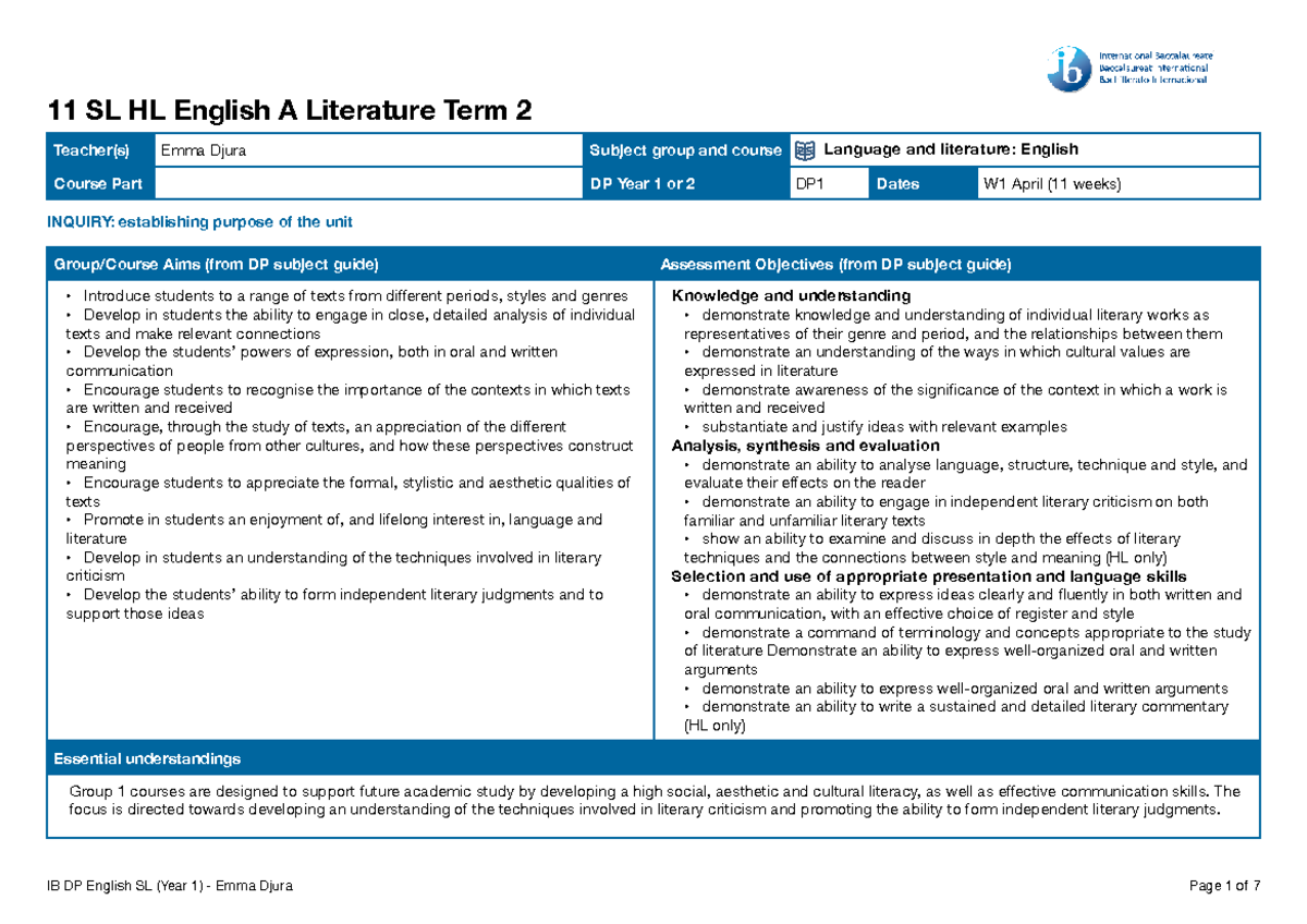 11 SL HL English A Literature Term 2 Course Overview and Assessment ...