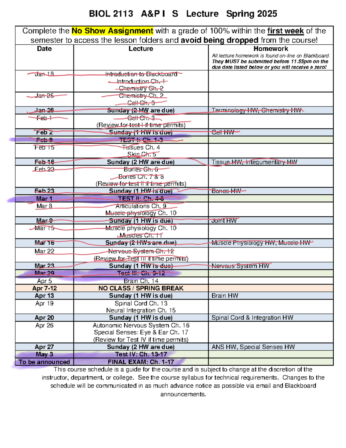 BIOL 2113 A&P I Lecture Schedule Spring 2025 with HW Details - Studocu