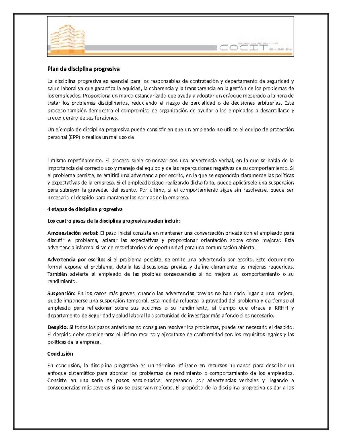 Plan de Disciplina Progresiva en Recursos Humanos: 4 Etapas Esenciales - Studocu