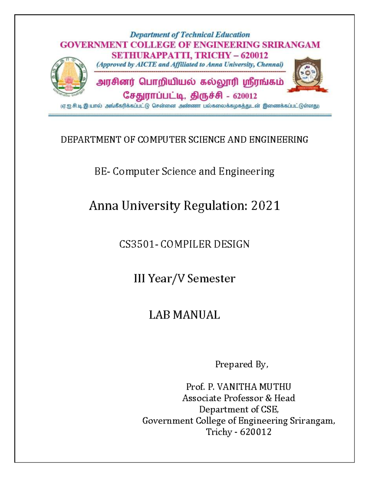GCE Srirangam Trichy V SEM CS3501 Compiler Design Lab Manual - Studocu