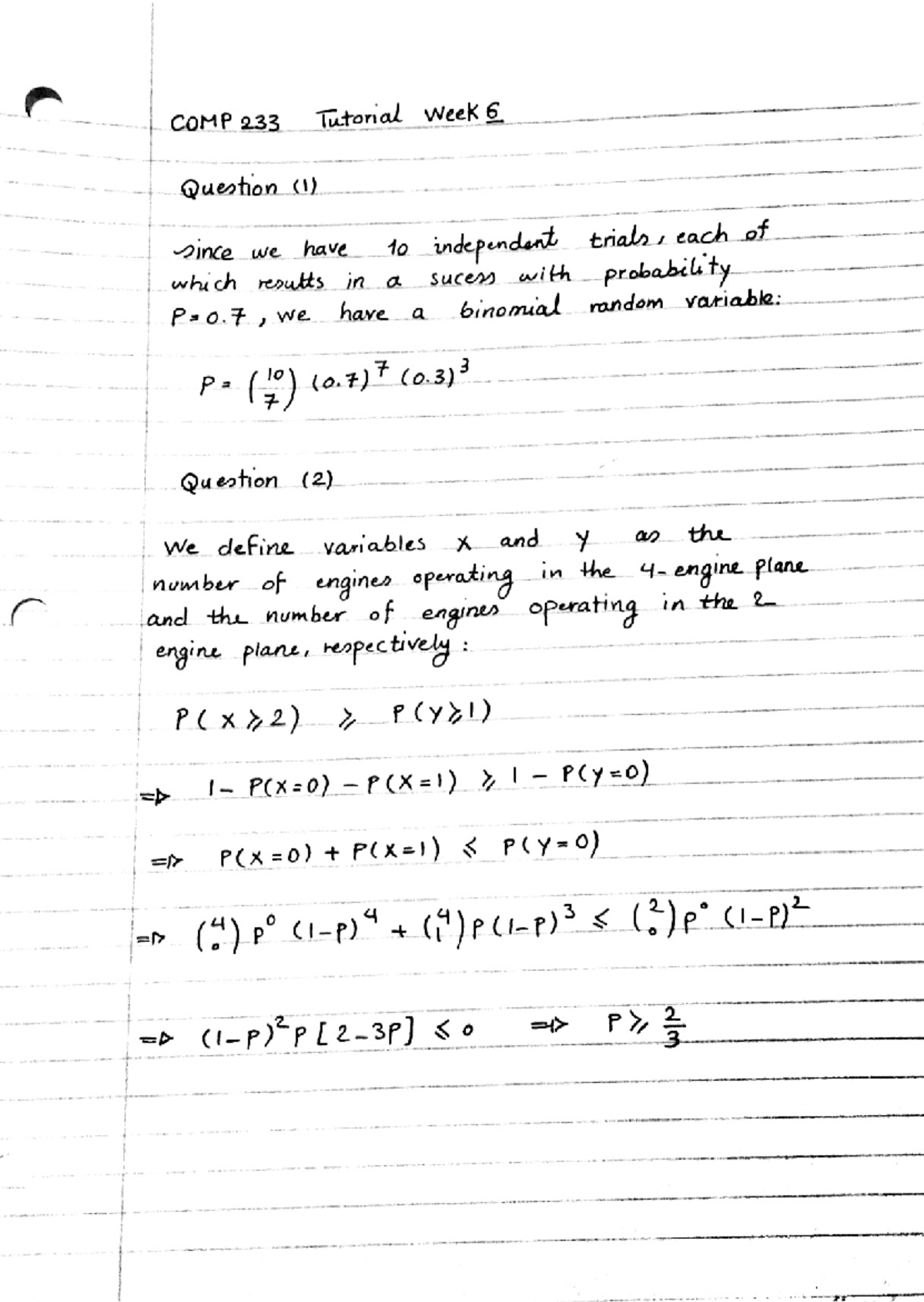 COMP 233 Tutorial Solutions Week 6: Probability & Random Variables ...