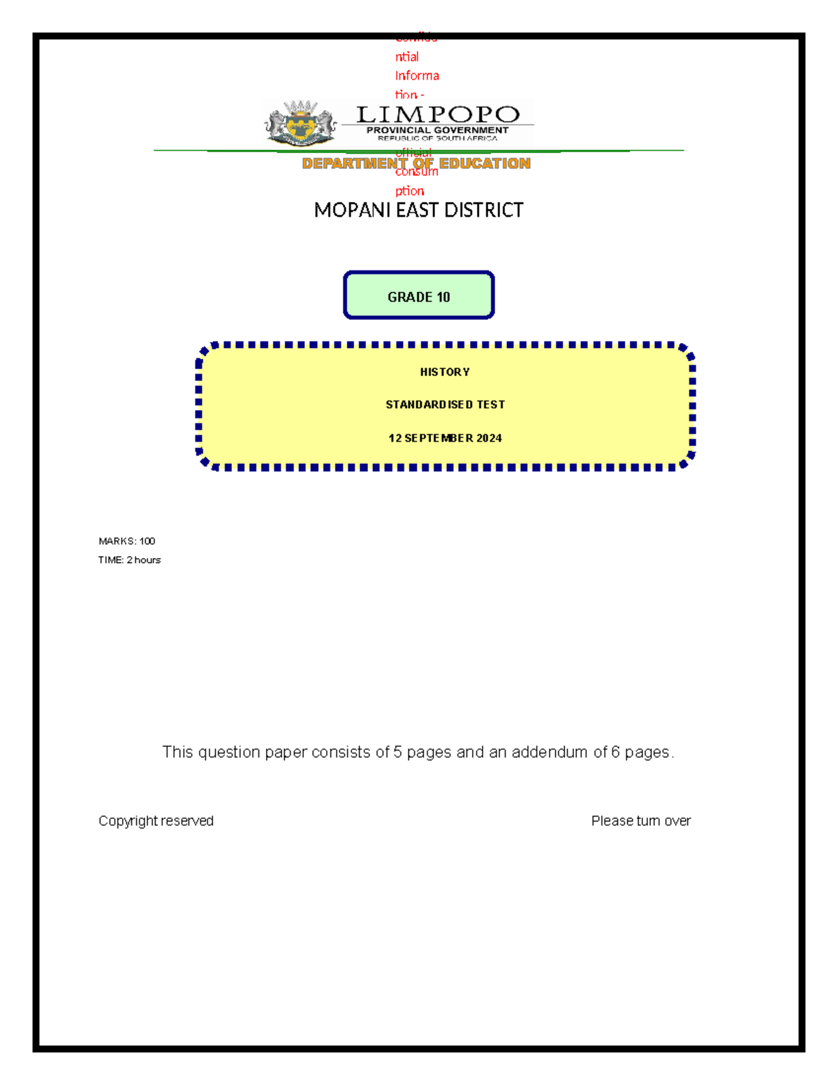 Grade 10 History Standardized Test QP - Mopani East District, Sept 2024 ...