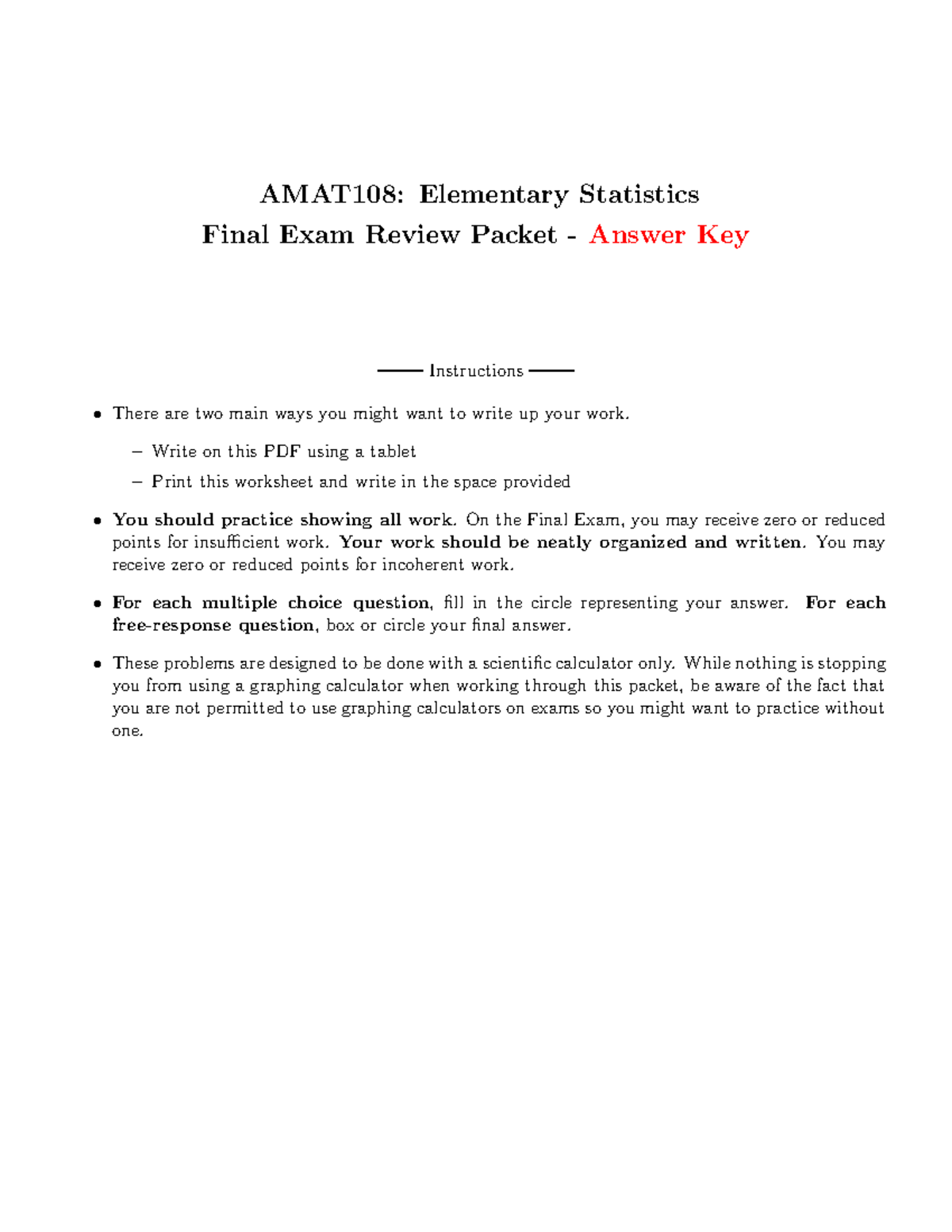 MAT 108 Final Exam Review Packet - Answer Key and Solutions - Studocu