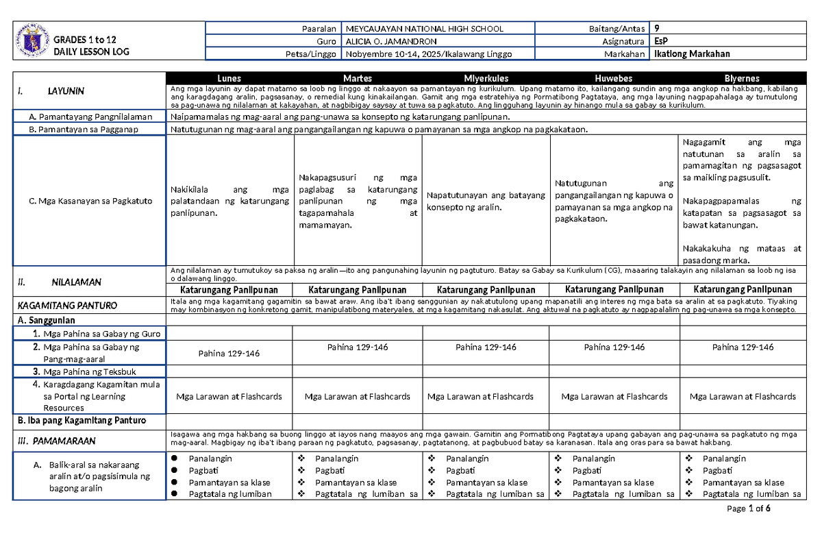 ESP 9 - Q3 WEEK 2 DAILY LESSON LOG: Kahalagahan ng Oras - Studocu