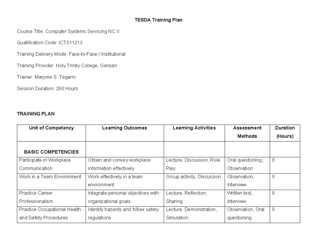 TESDA Training Plan: Computer Systems Servicing NC II - Studocu