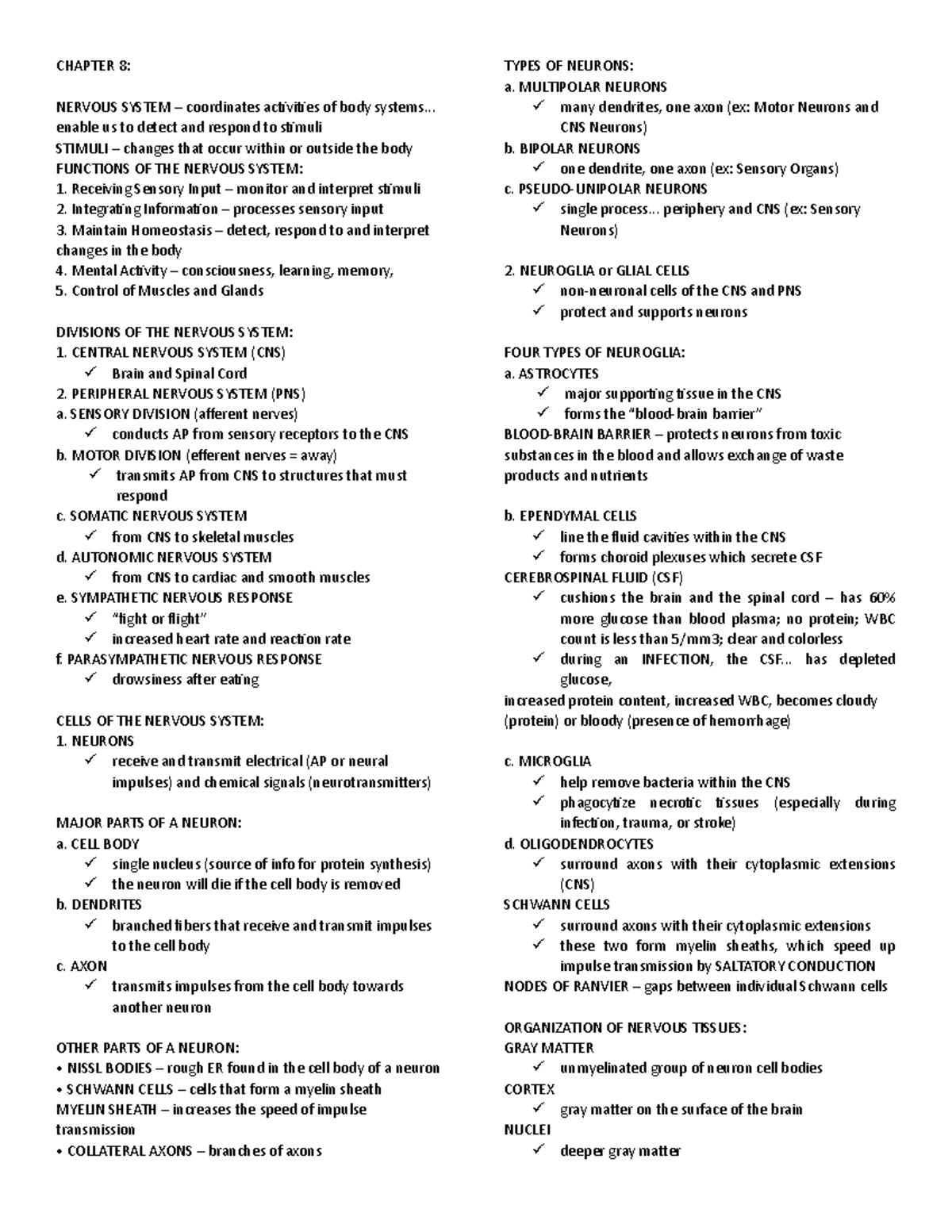 Anatomy and Physiology nervous system - CHAPTER 8: NERVOUS SYSTEM ...