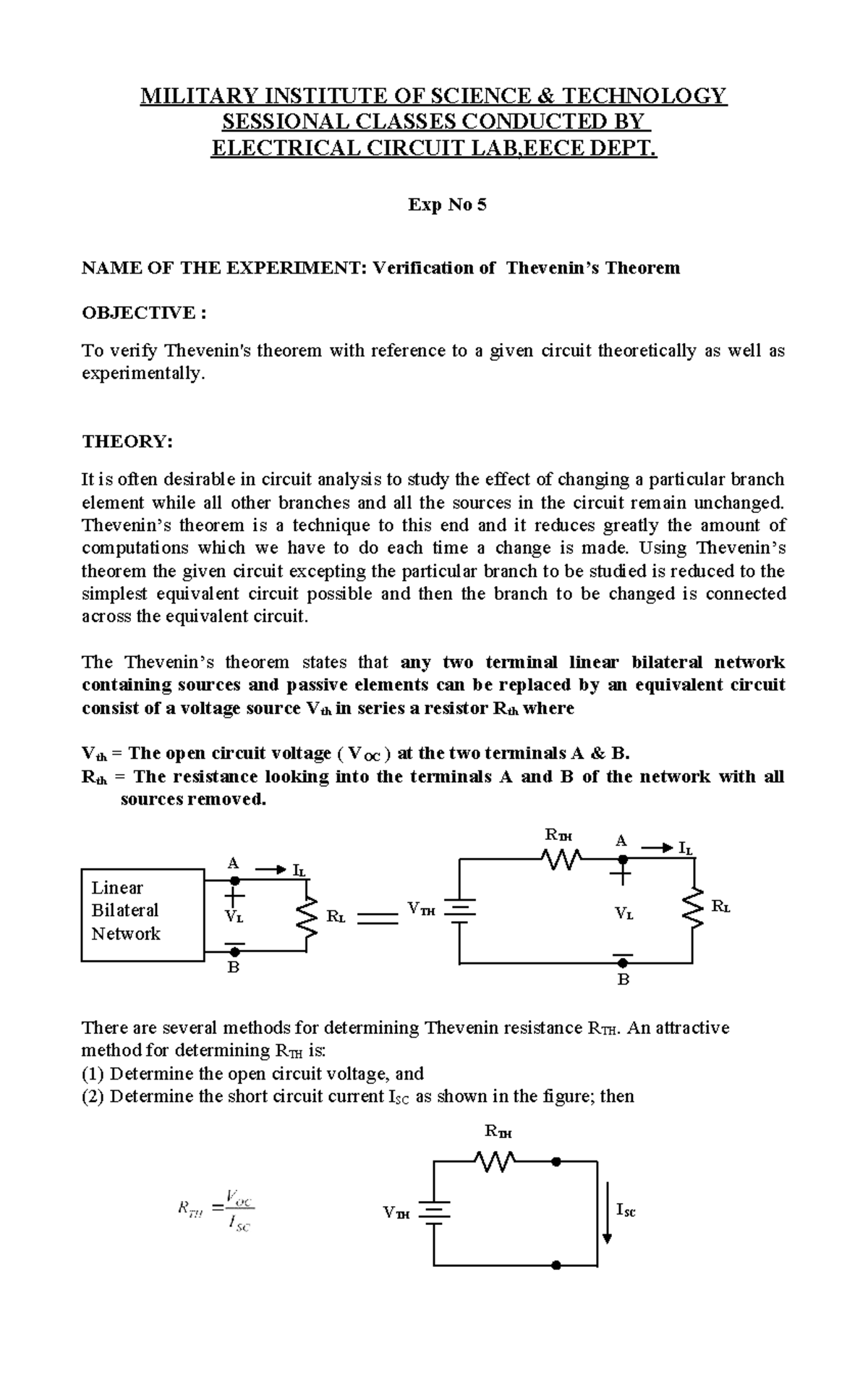 EECE Lab Exp No 5: Verification of Thevenin's Theorem - Studocu