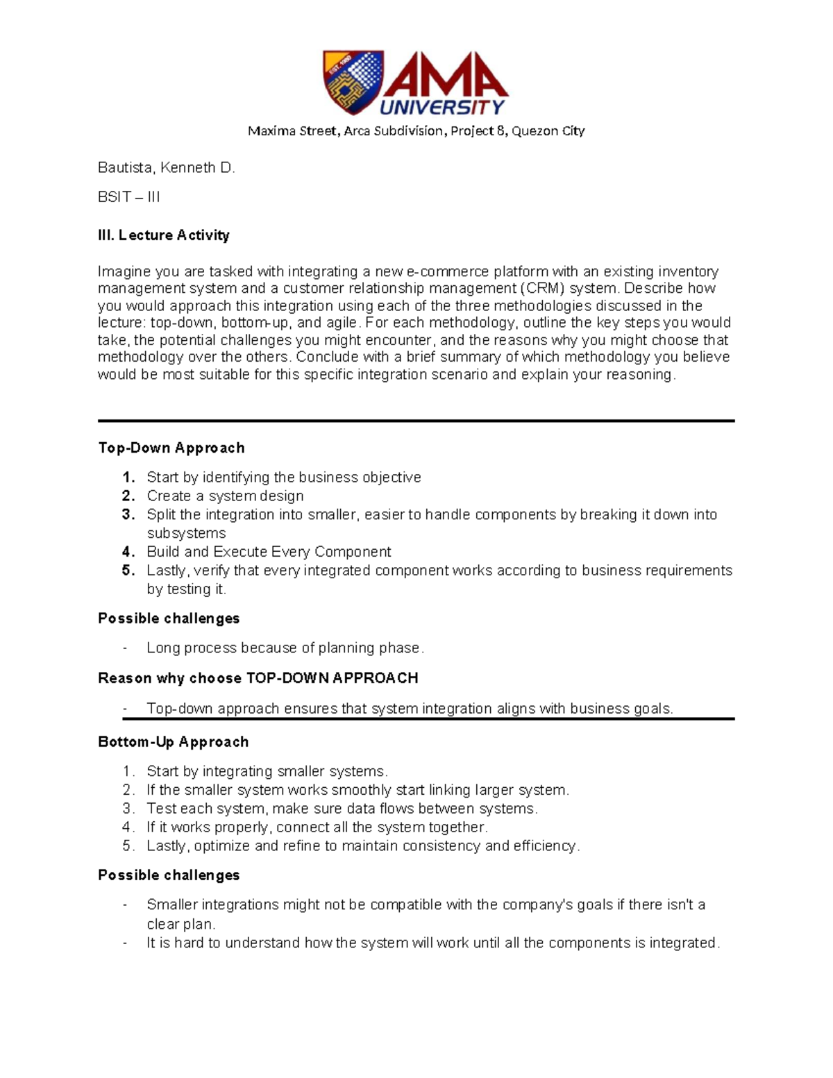 System Integration Methodologies: BSIT Lecture Activity - Studocu