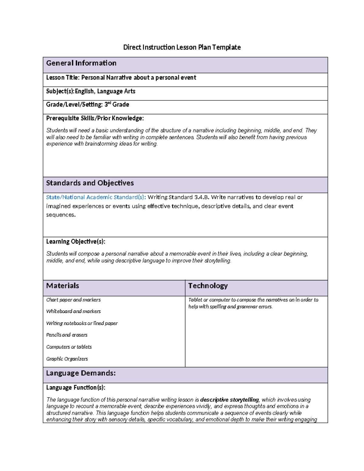 Direct Instruction Lesson Plan: Personal Narrative Writing (3rd Grade ...