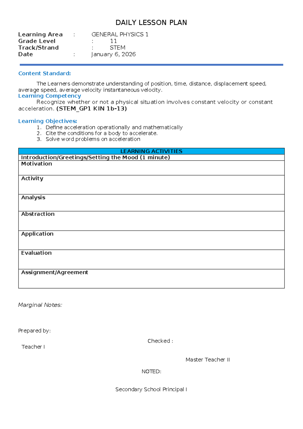 DAILY LESSON PLAN: GENERAL PHYSICS 1 (STEM) - Jan 6, 2026 - Studocu