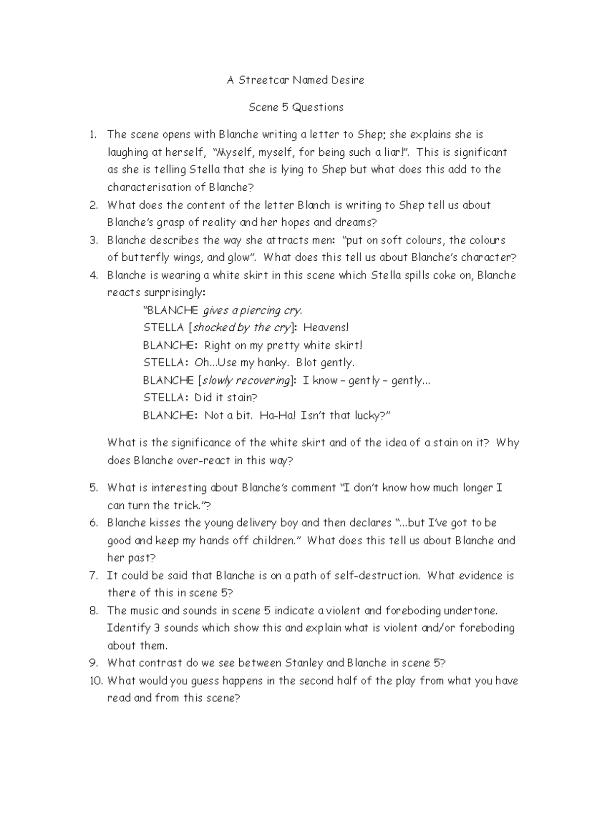A Streetcar Named Desire (Scene 5): Key Questions and Analysis - Studocu