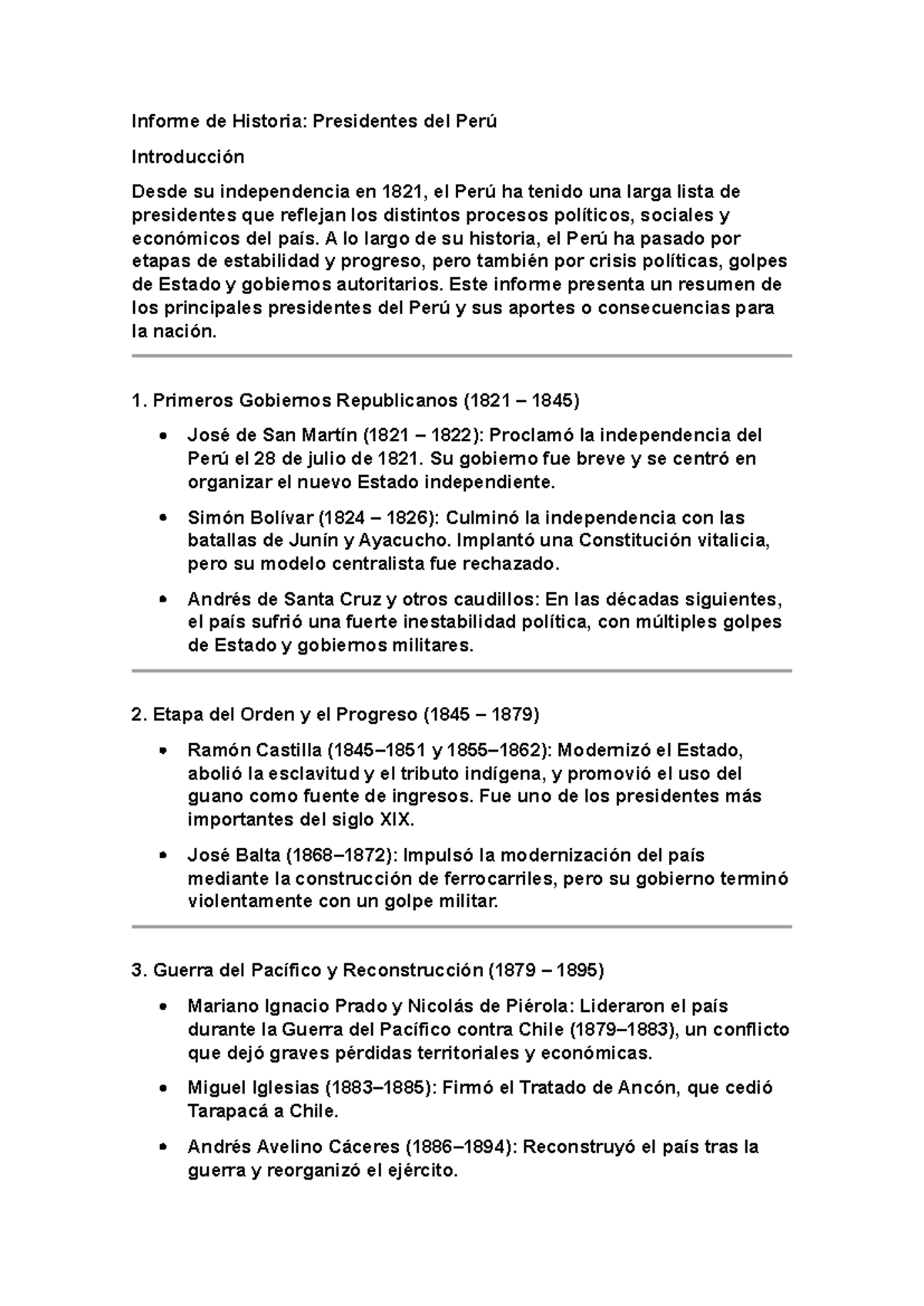 Informe de Historia: Presidentes del Perú (1821-2023) - Studocu