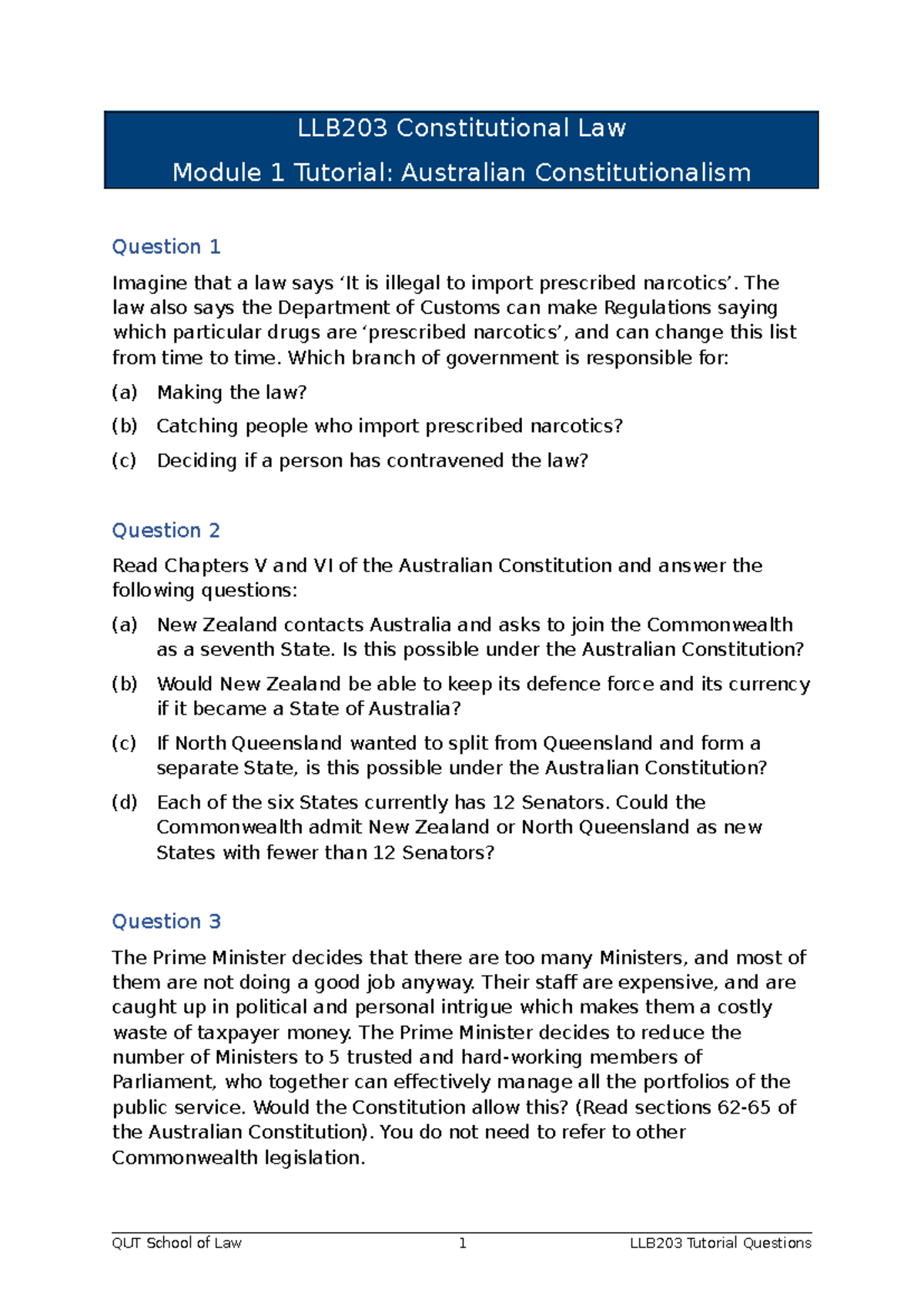 Module 1 Tutorial Questions - Australian Constitutionalism-2 - LLB203 ...
