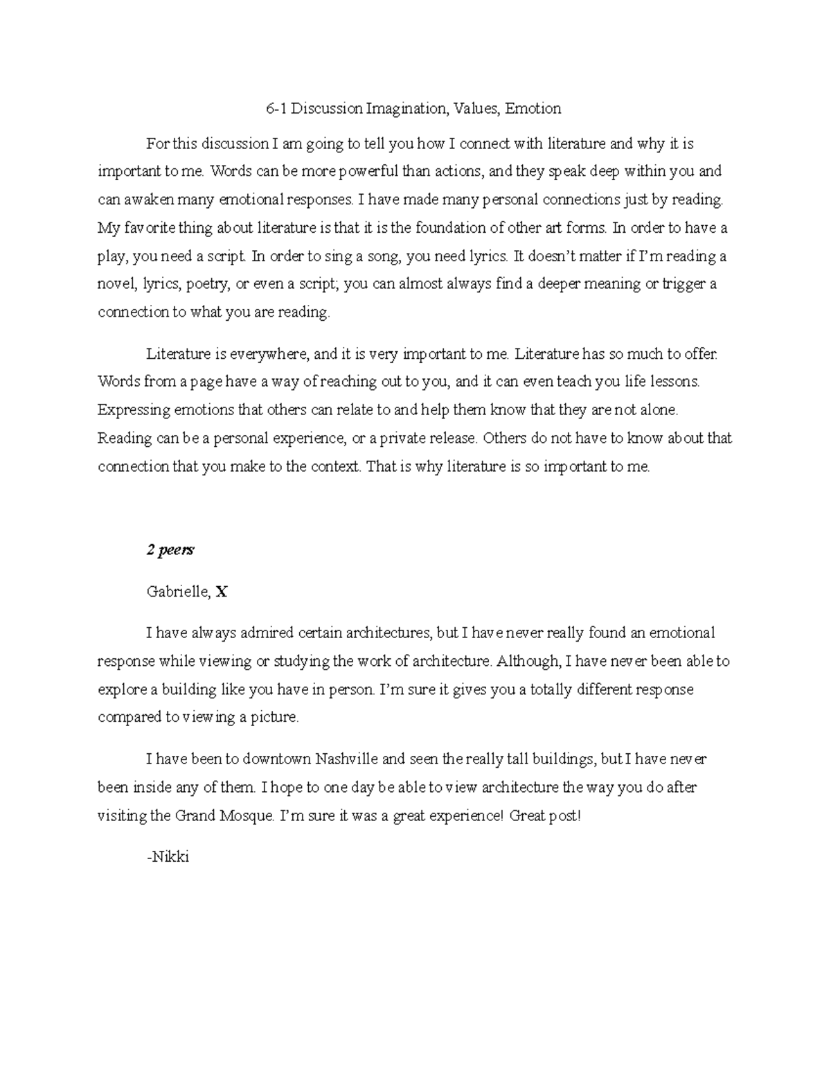 6-1 Discussion - Discussion Imagination, Values, Emotion For this ...