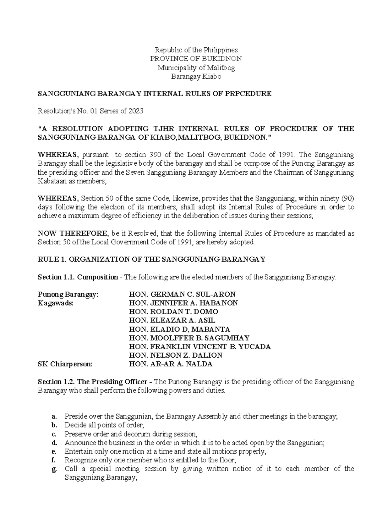 Sangguniang Barangay Internal Rules Resolution No. 01 Series of 2023 ...