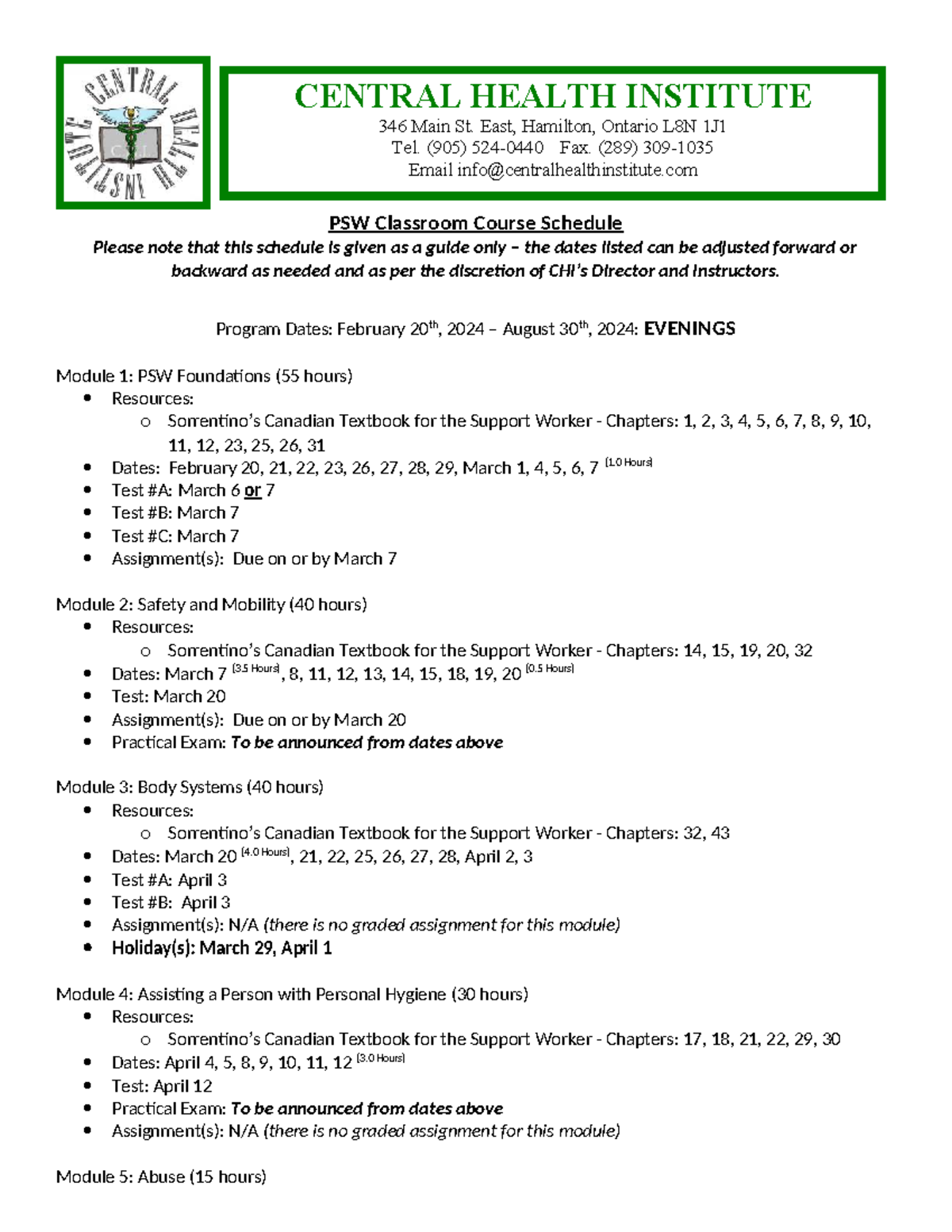 PSW Classroom Course Schedule - Module Dates Breakdown (PSW 346) - Studocu