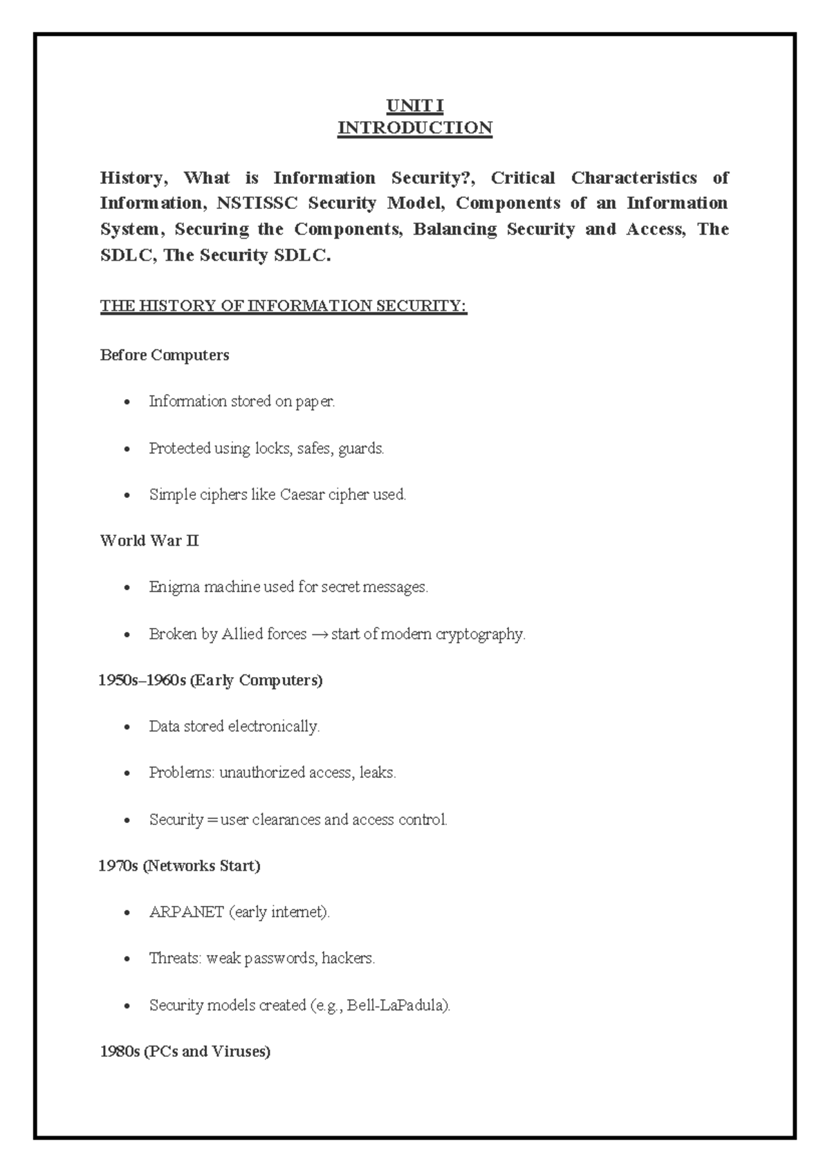 UNIT I: Introduction to Information Security Concepts and History - Studocu