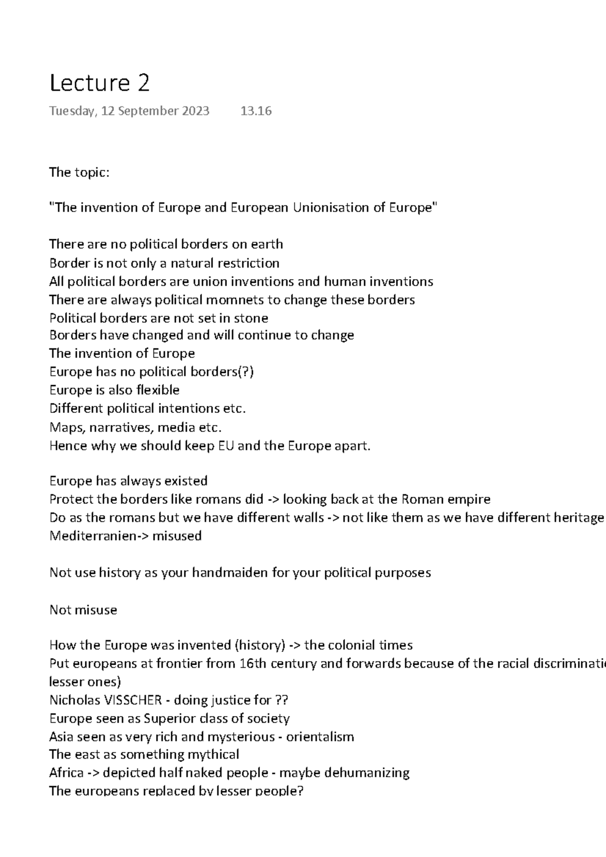 EU Lecture 2 Notes: The Invention of Europe and Borders Analysis ...