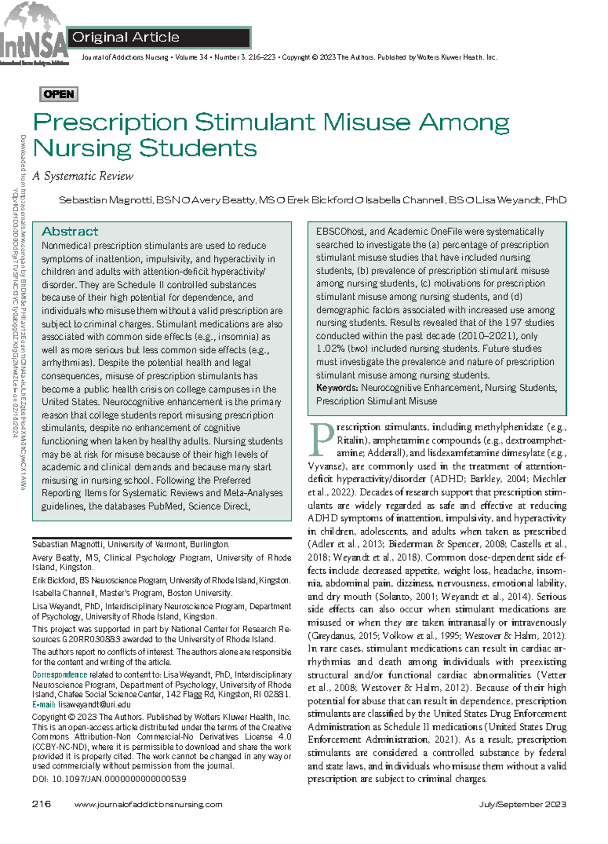 Prescription Stimulant Misuse Among Nursing Students: A Systematic ...