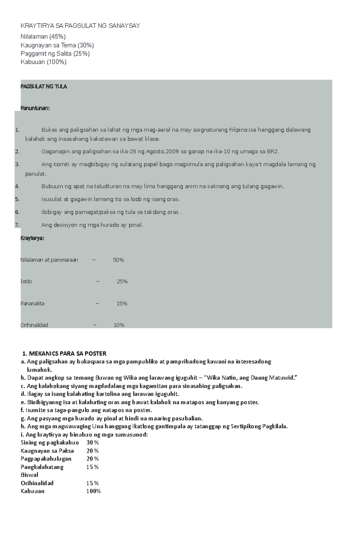 Kraytirya sa Pagsulat ng Sanaysay at Tula: Patnubay sa Paligsahan - Studocu